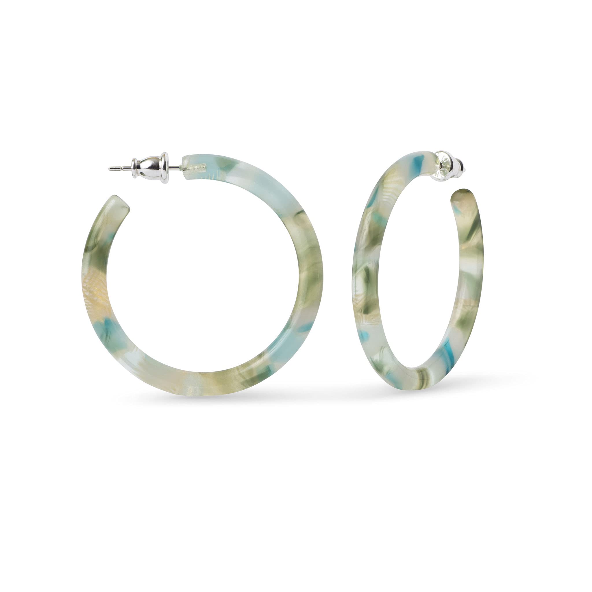 Green Blue Thin Round Resin Italian Acetate Colorful Hoops Statement Earrings 40mm 925 Sterling Silver Posts (40mm, Dew Drop)