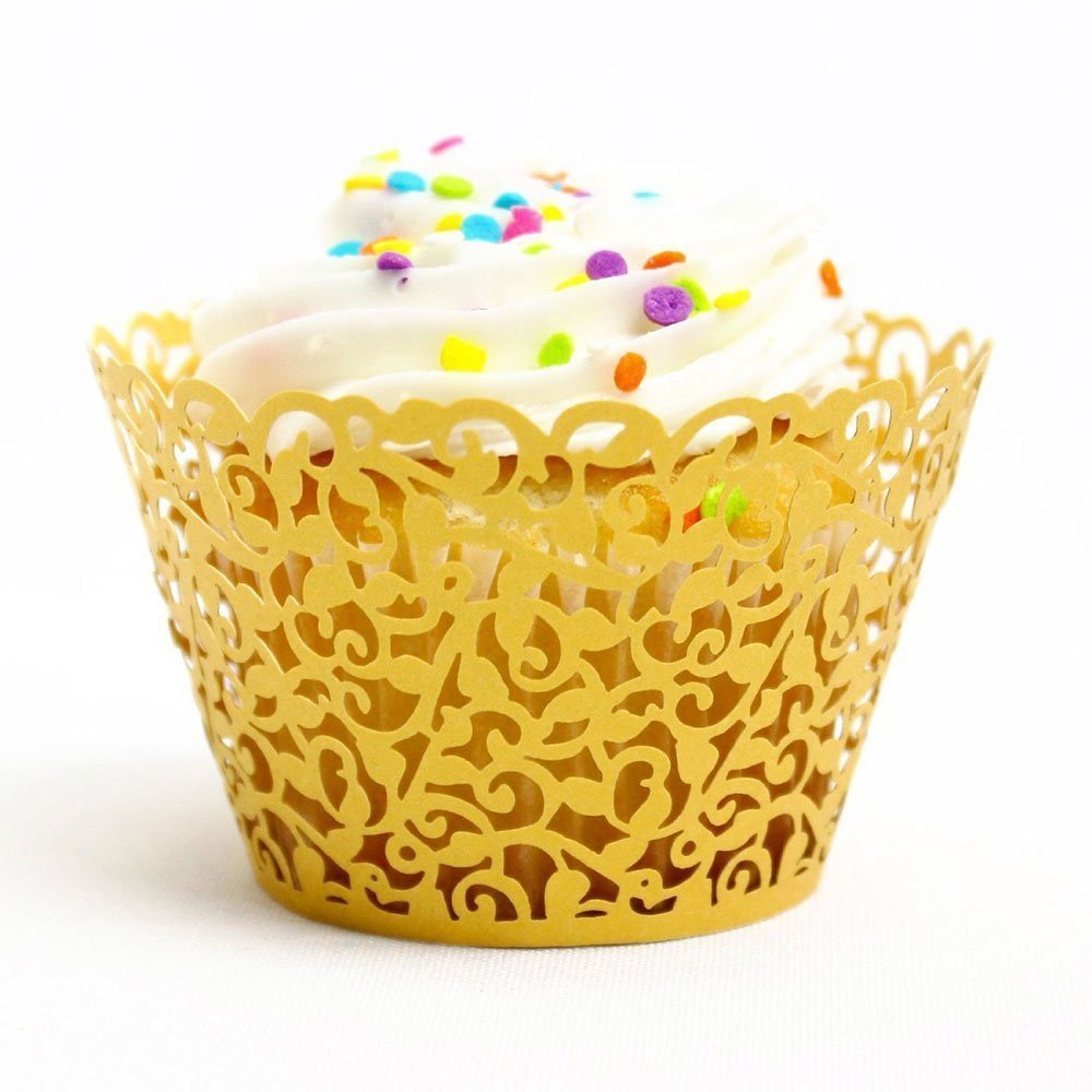 Honbay Pack of 50 Filigree Little Vine Lace Laser Cut Cupcake Wrapper Liner Baking Cup Muffin Cake Trays for Wedding Birthday Chrismas Party Cake Decoration (Gold)