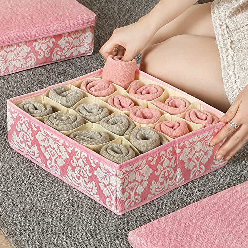 SEEKIND Storage Box, Decorative Storage Bins with Lid,6 in 1 Set,with Handles,Foldable for Space Saving Storage Boxes,for Bras,Clothes, Cosmetic,Blankets (Pink) …