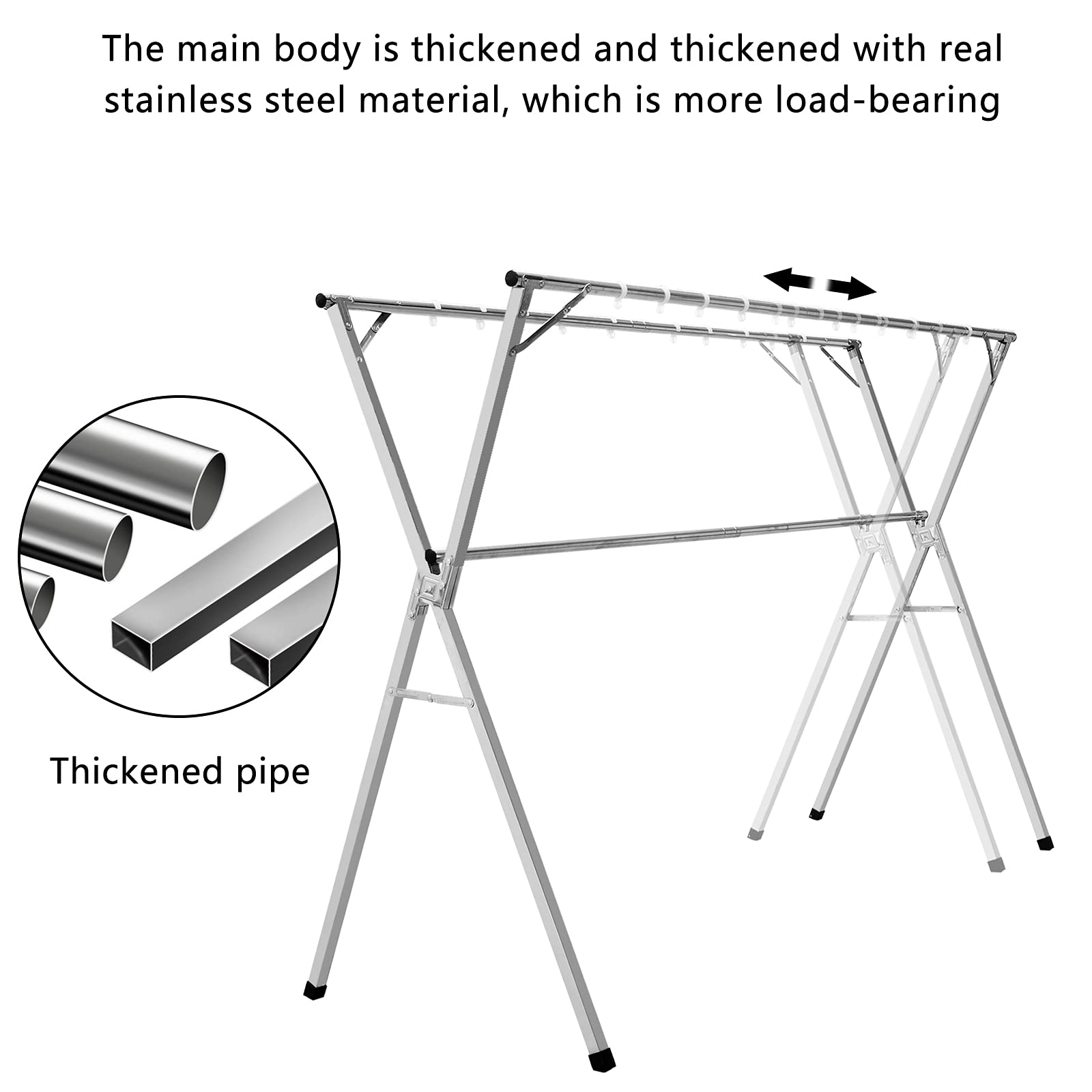 TORIBIO 59 Inch Clothes Drying Rack, Retractable Laundry Drying Rack Folding Indoor Outdoor, Length Adjustable Heavy Duty Stainless Steel Clothing Garment Rack with 20 Windproof Hooks