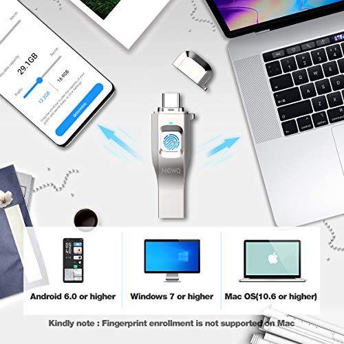 Fingerprint Flash Drive,NewQ 128GB 2 in 1 Biometric Security Fingerprint Memory Stick JumpDrive USB3.0 High-Speed Encrypted USB Storage Security Thumb PenDrive for PC,Laptop,Android Phone