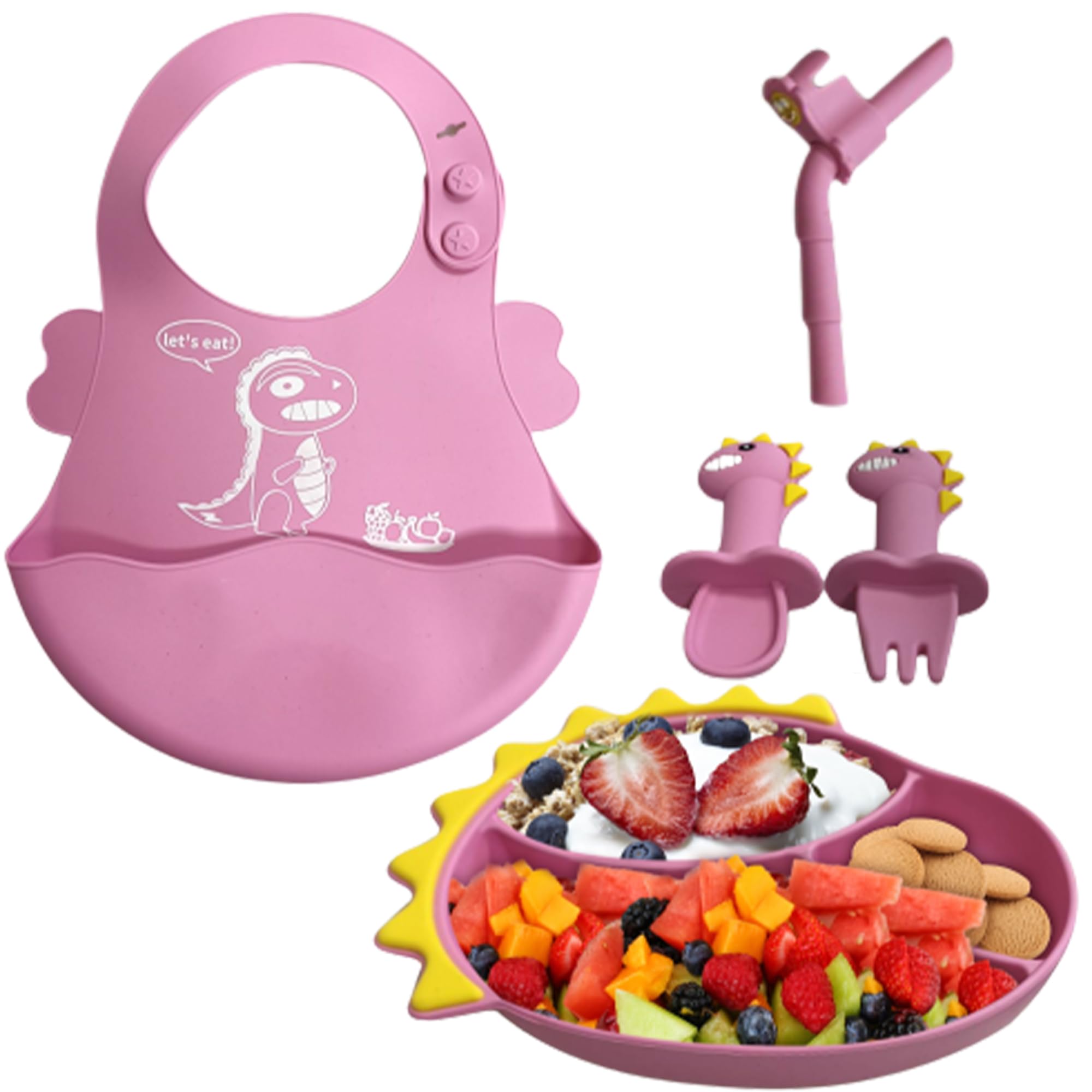 FS TRENDS Dinosaur Silicone Baby Feeding Set, 1pc Split Suction Plate, 1pc Adjustable Bib, 1pc Spoon, 1pc Fork, 1pc Straw, Baby Guided Weaning Supplies Automatic Feeding Tools – Green
