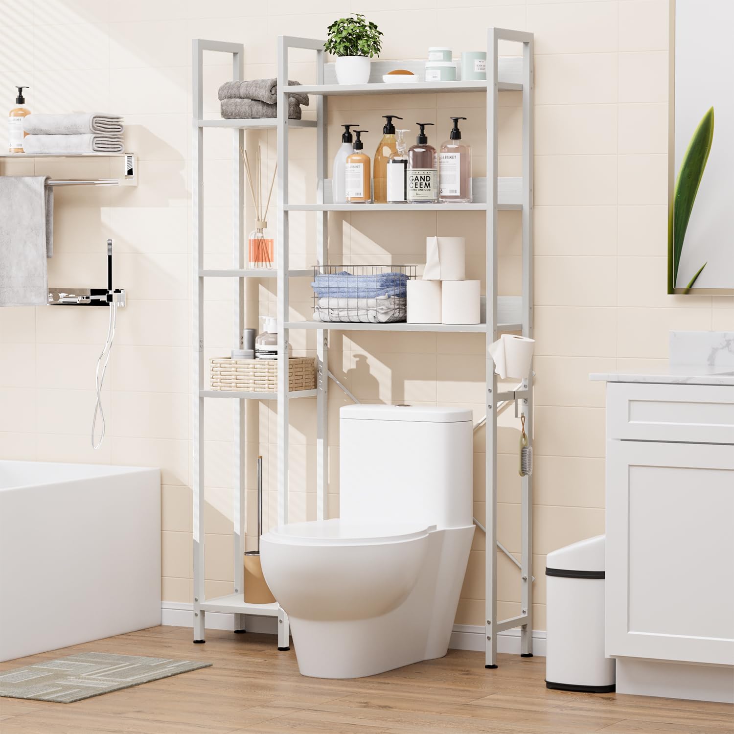 OTK Over-The-Toilet Storage with 7-Tier Bathroom Organizer Shelf, Side Storage Open Shelf, Freestanding Space Saver with Hooks & Adjustable Feet, Toilet Rack for Bathroom, Restroom, Laundry, White