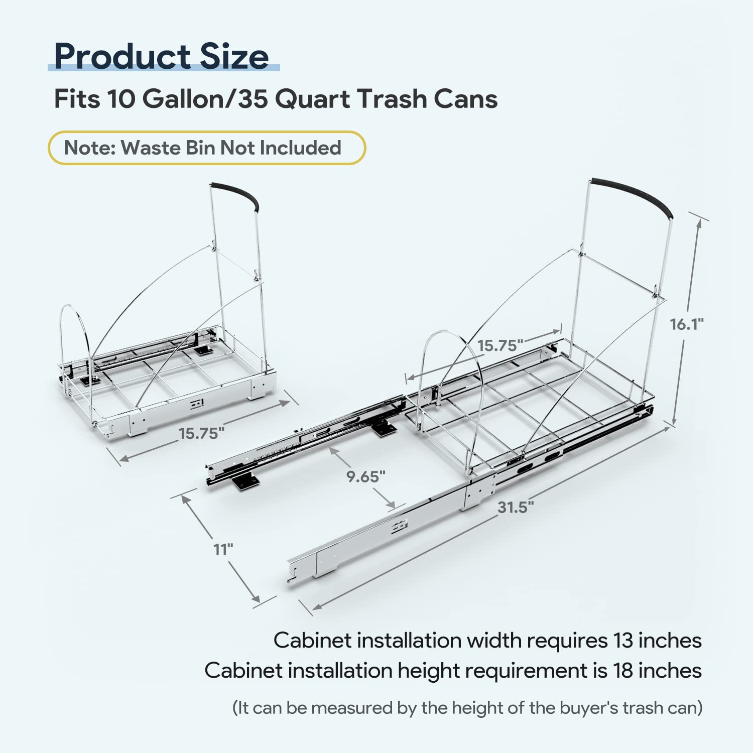 Tanamu Pull Out Trash Can Under Cabinet,Under Sink Slide Out Garbage for Kitchen,Requires 13" W X 18" D Minimum Cabinets,Chrome Adjustable for 7-10 Gallon Trash Can