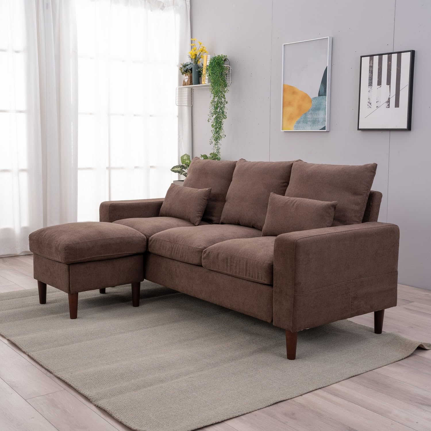 Panana Sectional Sofa Modern Deep 3-Seat Sofa Couch with Ottoman, Upholstered Furniture for Living Room, Apartment, Studio, Office (Black Artificial Leather, Track Arms)
