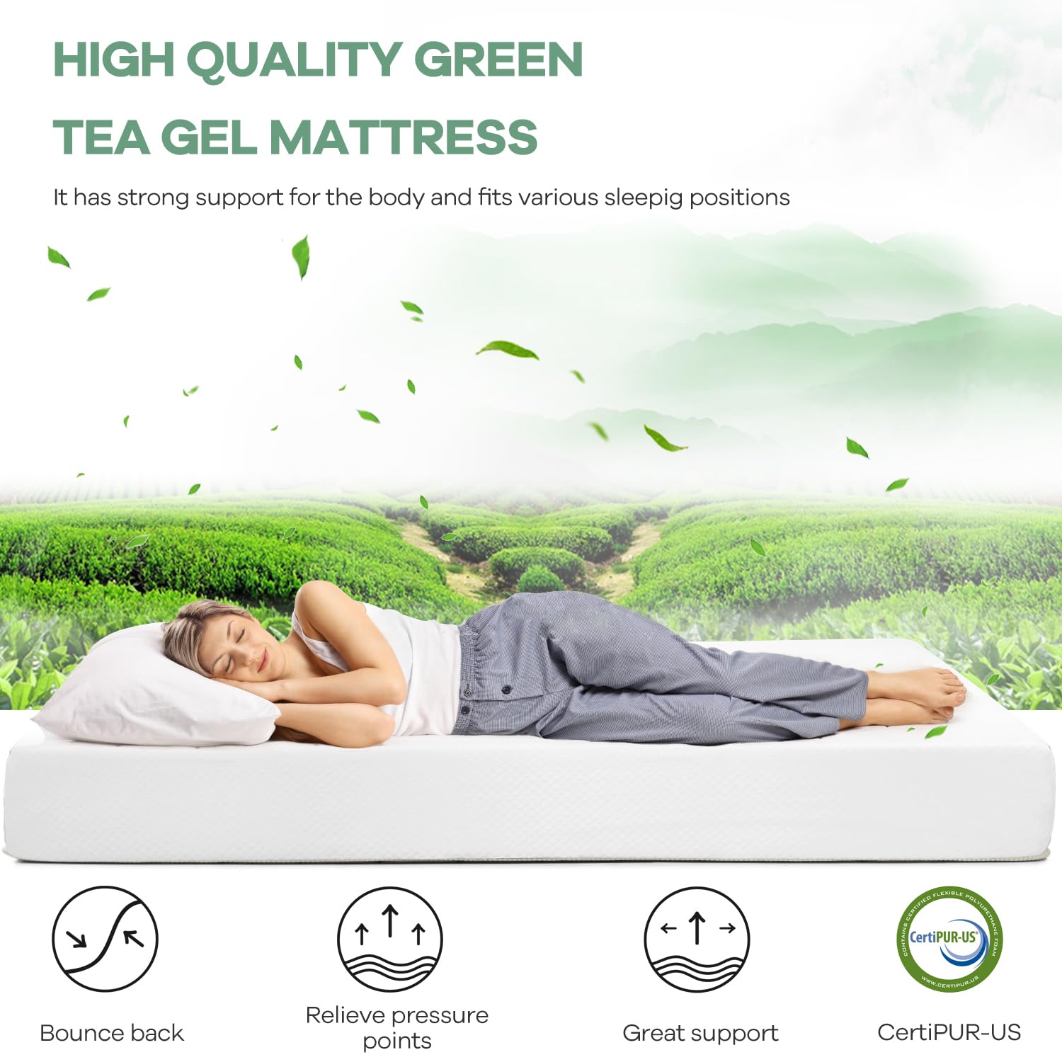 NChanmar 8 inch Memory Foam Mattress Cooling Gel Green Tea Mattress/Pressure Relieving/CertiPUR-US Certified/Bed-in-a-Box/Cooling Gel Foam, White,Full