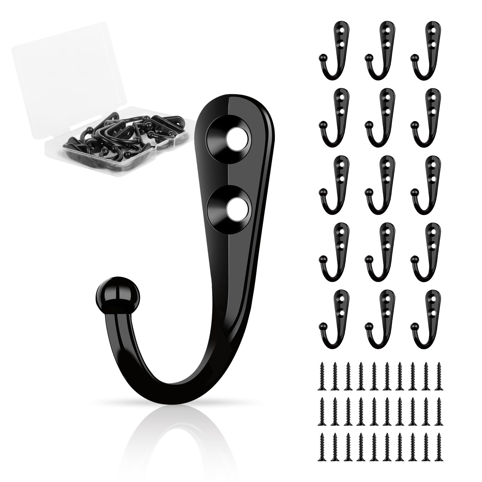 Poeuo 20 Pcs Black Wall Mounted Coat Hooks, Coat Hook Holder, Hanger Hook with 40 Pieces Screws for Hanging Hat, Towel, Robe, Cup, Mugs, Kitchen