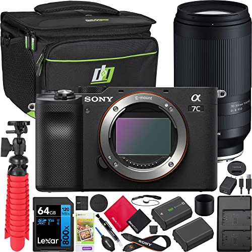Sony a7C Mirrorless Full Frame Camera Body Black ILCE-7C/B Bundle with Tamron 70-300mm F4.5-6.3 Di III RXD Lens A047 + Deco Gear Bag + Extra Battery &Dual Charger +64GB Card+ Tripod & Kit Accessories