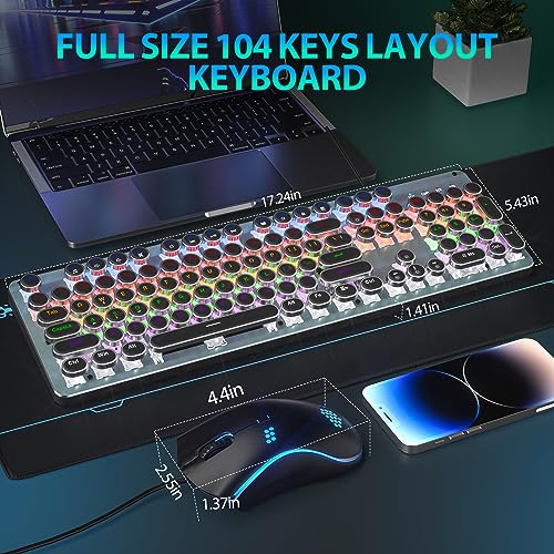 Typewriter Mechanical Gaming Keyboard Mouse Combo, Metal Panel Retro Keyboard with Round Keycap Blue Switch, RGB Backlit 104 Keys Anti-Ghost Wired Keyboard and Mouse with 3 DPI for PC Laptop Mac Gamer