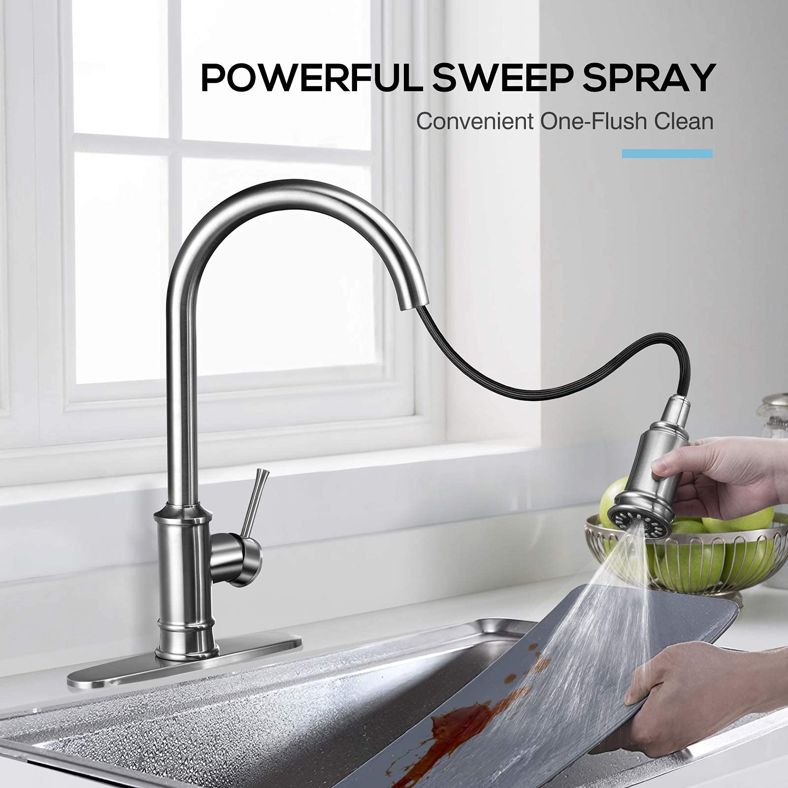 Kitchen Faucet with Pull Down Sprayer Brushed Nickel - WaterSong Kitchen Sink Faucet Single Handle 1Hole with Deck Plate, Farmhouse Kitchen Sink Faucet for Kitchen Sink RV, 3 Spray Mode,100% Lead-free