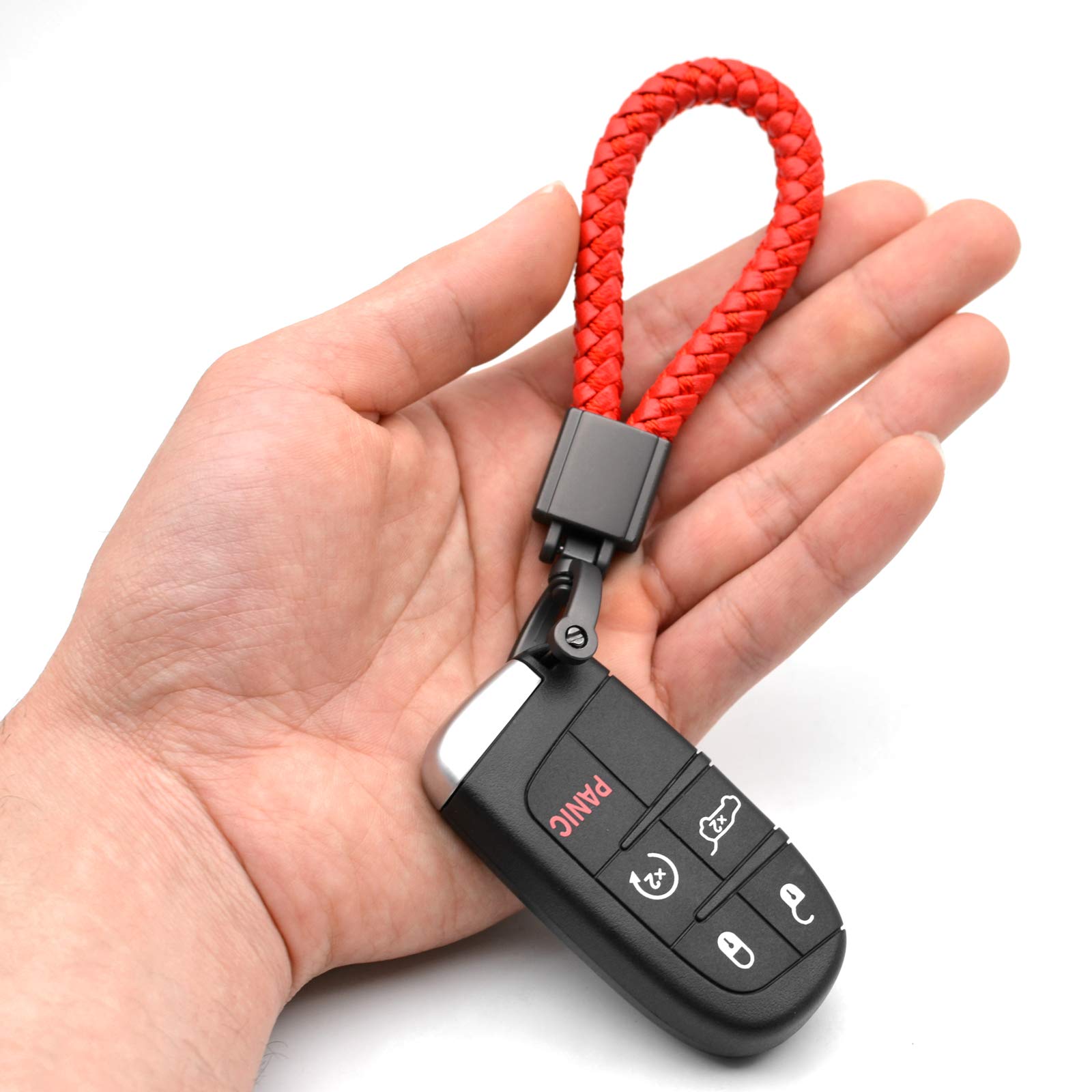 FEYOUN Universal Red Leather Car Fob Keychain Metal Keyring Woven Strap Braided Rope Key Chain for Men and Women - Matte Black Color, with 360 Degree Rotatable D-ring and Screwdriver