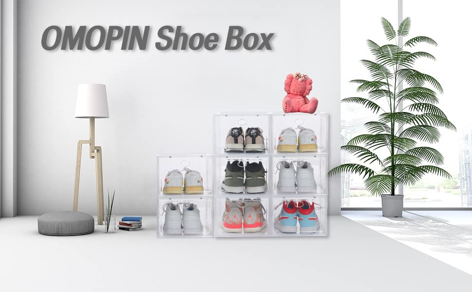 OMOPIN Shoe Boxes Clear Plastic Stackable, Drop Front Shoe Box, 6 Pack Shoe Storage Boexes, Sneaker Storage Shoe Containers for Size 12