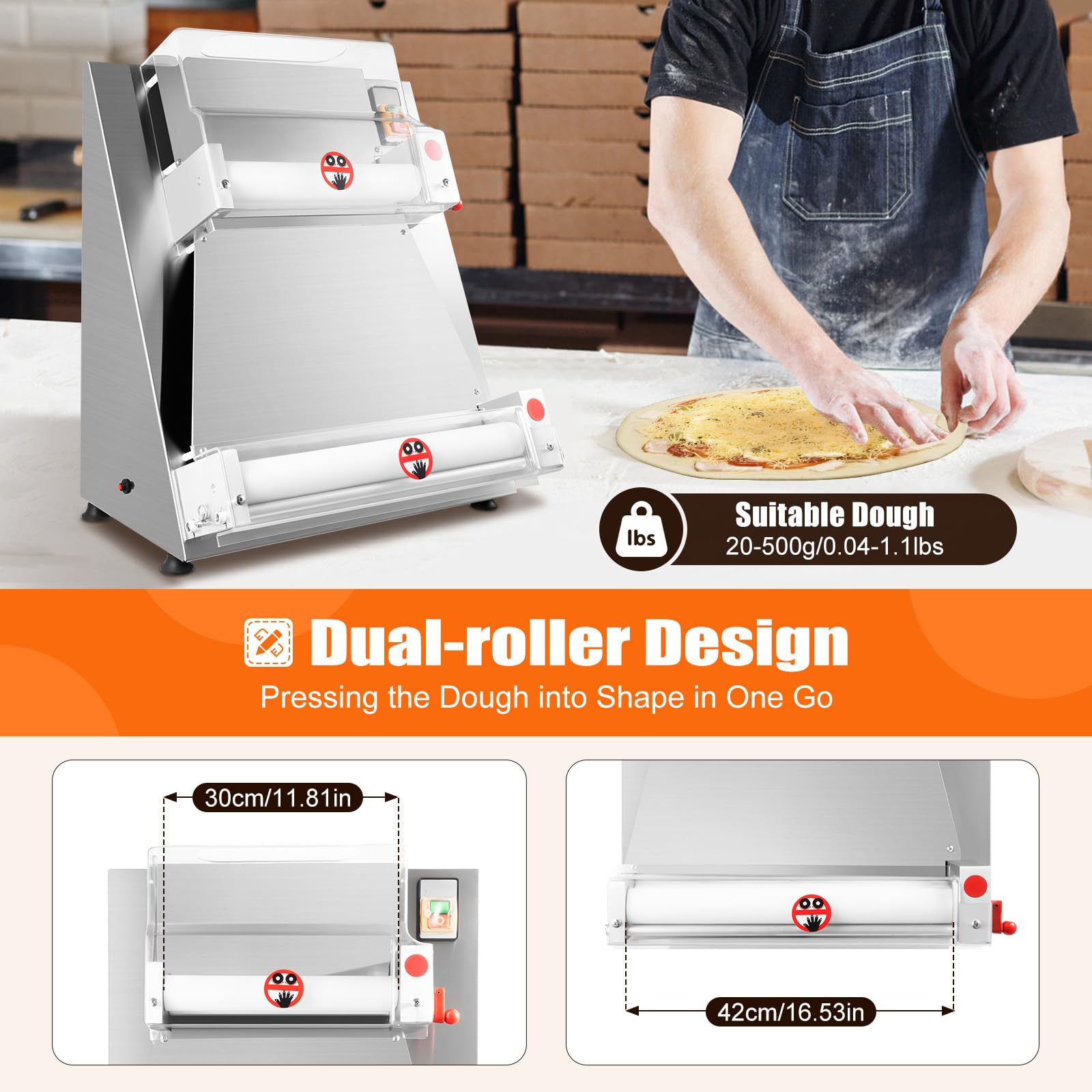 Pizza Dough Roller Sheeter, 110V 370W Automatic Commercial Pizza Press Making Rolling Machine,Stainless Steel Adjustable Thickness Dough Machine for 4-16" Pasta Maker Equipment,Bread Maker Equipment