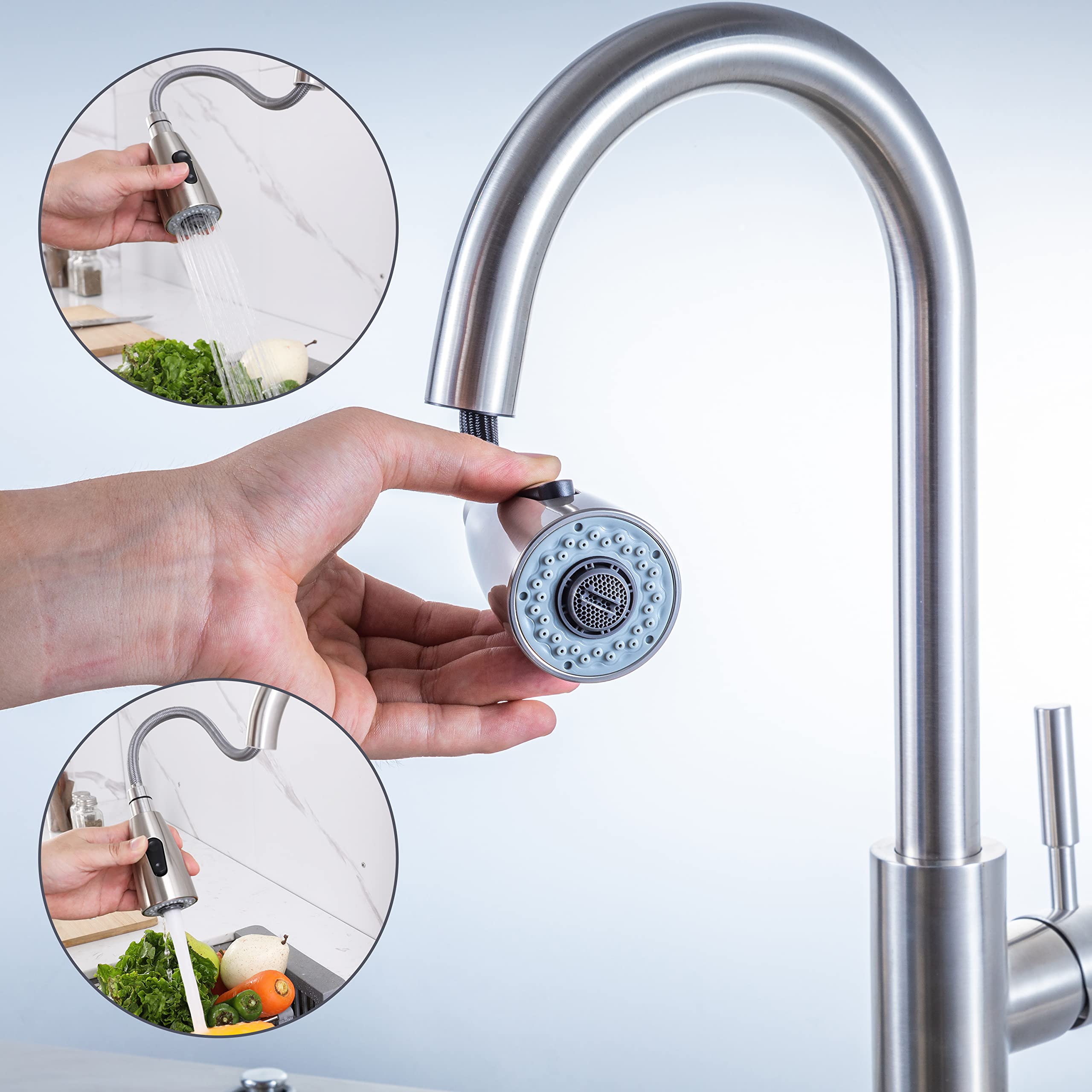 Kitchen Faucet Sprayer Head 3-Function Nozzle Spout G1/2 Connector Pull Down Pull Out Kitchen Tap Hose Sprayer Filter Sink Spray Head Replacement Part Brushed Nickel Black