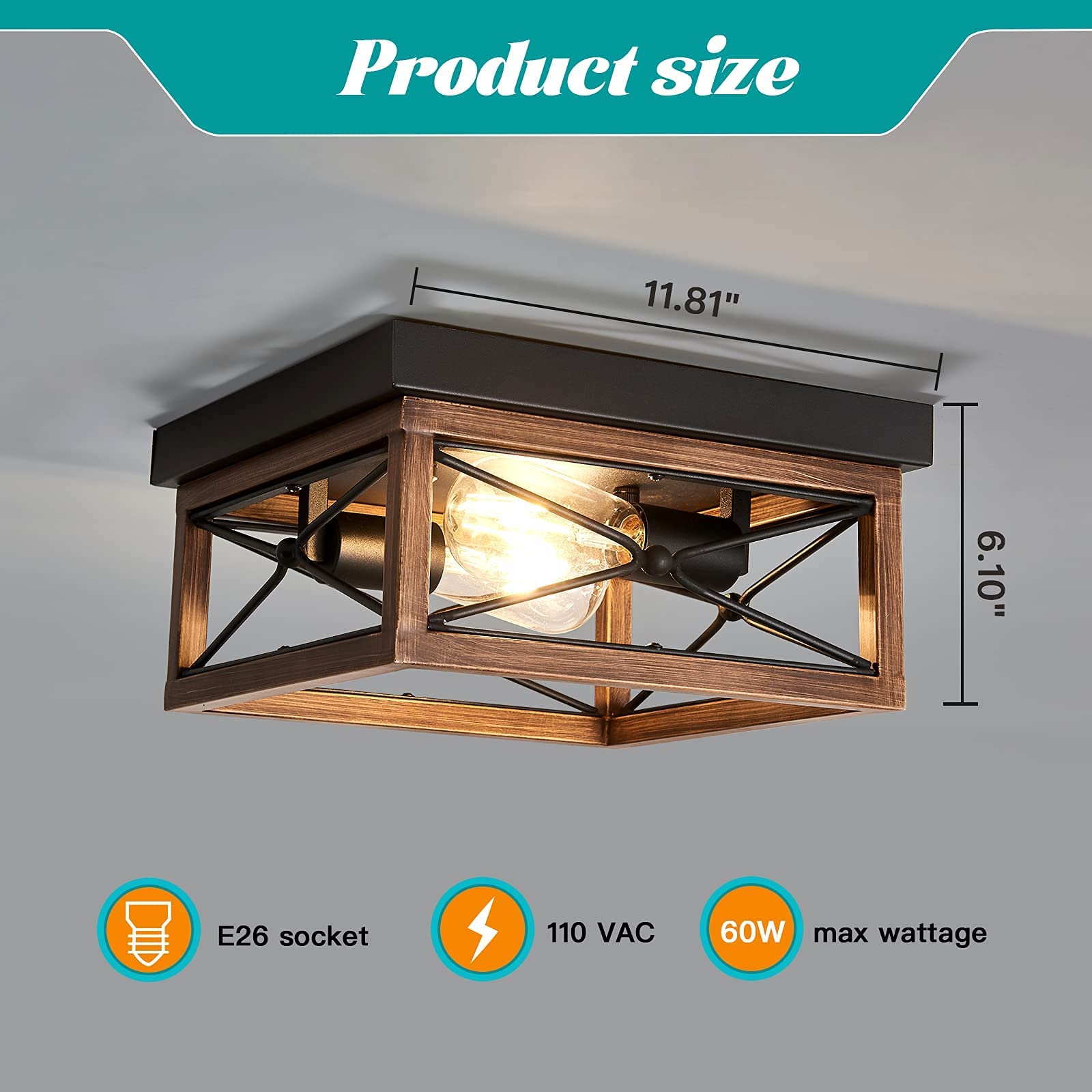 FGSADI Retro Farmhouse Flush Mount Ceiling Light,2-Light Metal Rustic Vintage Ceiling Light, Close to Ceiling Light Fixture for Hallway Entryway Bedroom Kitchen Island Dining Room.