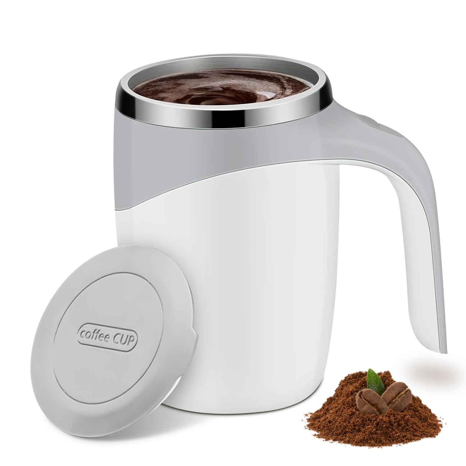 Self Stirring Coffee Mug, Rechargeable Automatic Coffee Stirring Mixing Mug, Electric Funny Self Mixing Cup, Stainless Steel Travel Coffee Cup for Office, Home, Kitchen(White)