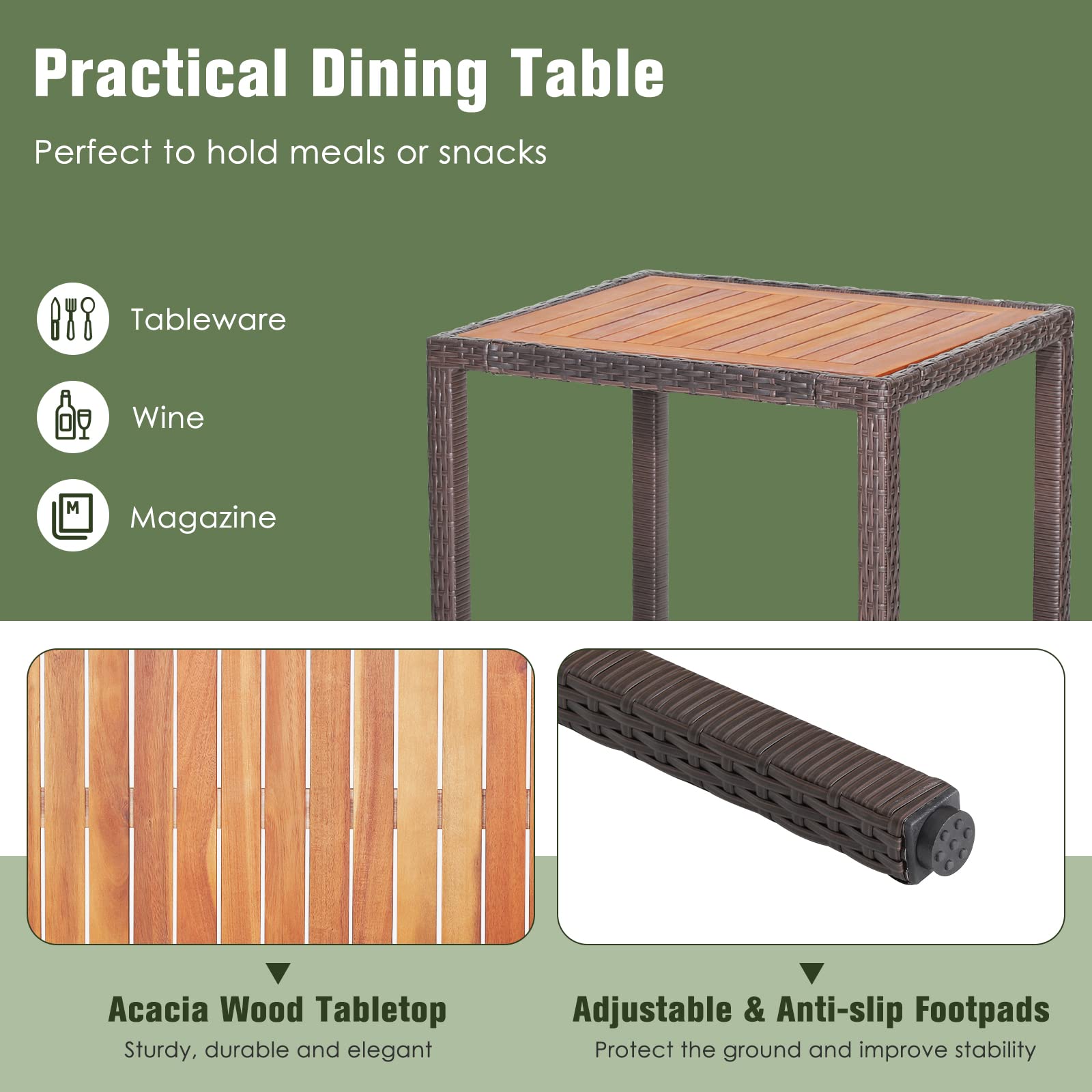 Tangkula 3 Pieces Patio Furniture Set, Outdoor Mix Brown Wicker Dining Set w/Acacia Wood Top Table, Comfortable Cushioned Chairs, Space-Saving Rattan Conversation Set for Garden, Backyard, Porch