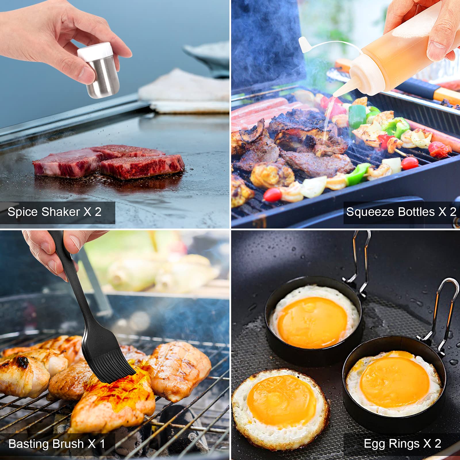 Griddle Accessories Kit - 15 PCS Griddle Grill Tools Set with Stainless Long Spatula Set, Basting Cover, Fork, Fish Turner, Chopper, Scraper, Grill Tongs, Perfect for BBQ and Camping