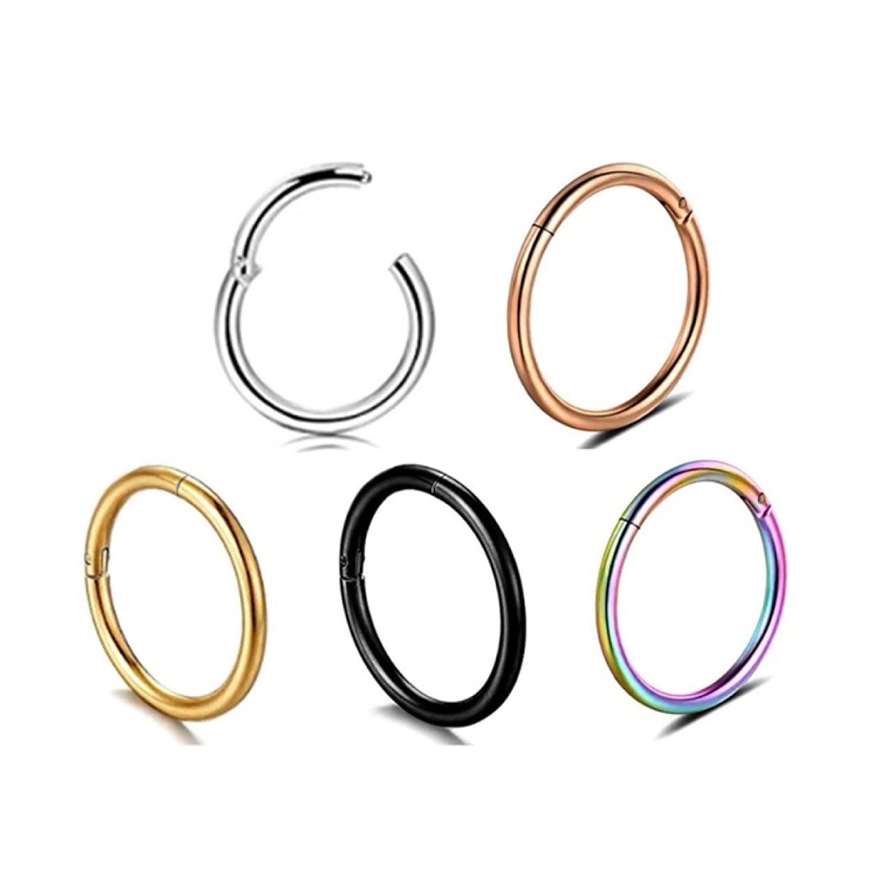 Generic 5Pcs Set 16G Nose Rings 316L Surgical Steel Hinged Segment Ring Septum Clicker Lip Nipple Rings Cartilage Rook Helix Conch Tragus Daith Earring Piercing Jewelry, Multicolor (EVBD0018-8mm)