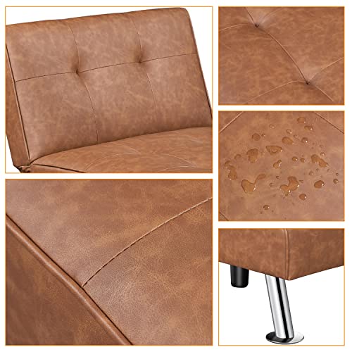 Yaheetech Convertible Sofa Couch Futon Bed Faux Leather Sofa Bed Sleeper Adjustable Loveseat Futon Couch Living Room Furniture with Chrome Metal Legs, Brown