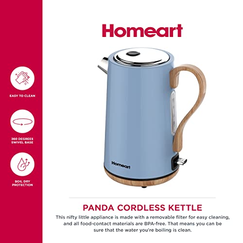 Homeart Panda Cordless Electric Kettle with Wood Detail - Stainless Steel With Removable Filter, Fast Boiling and Auto Shut-off - 1.7L Capacity, Powder Blue