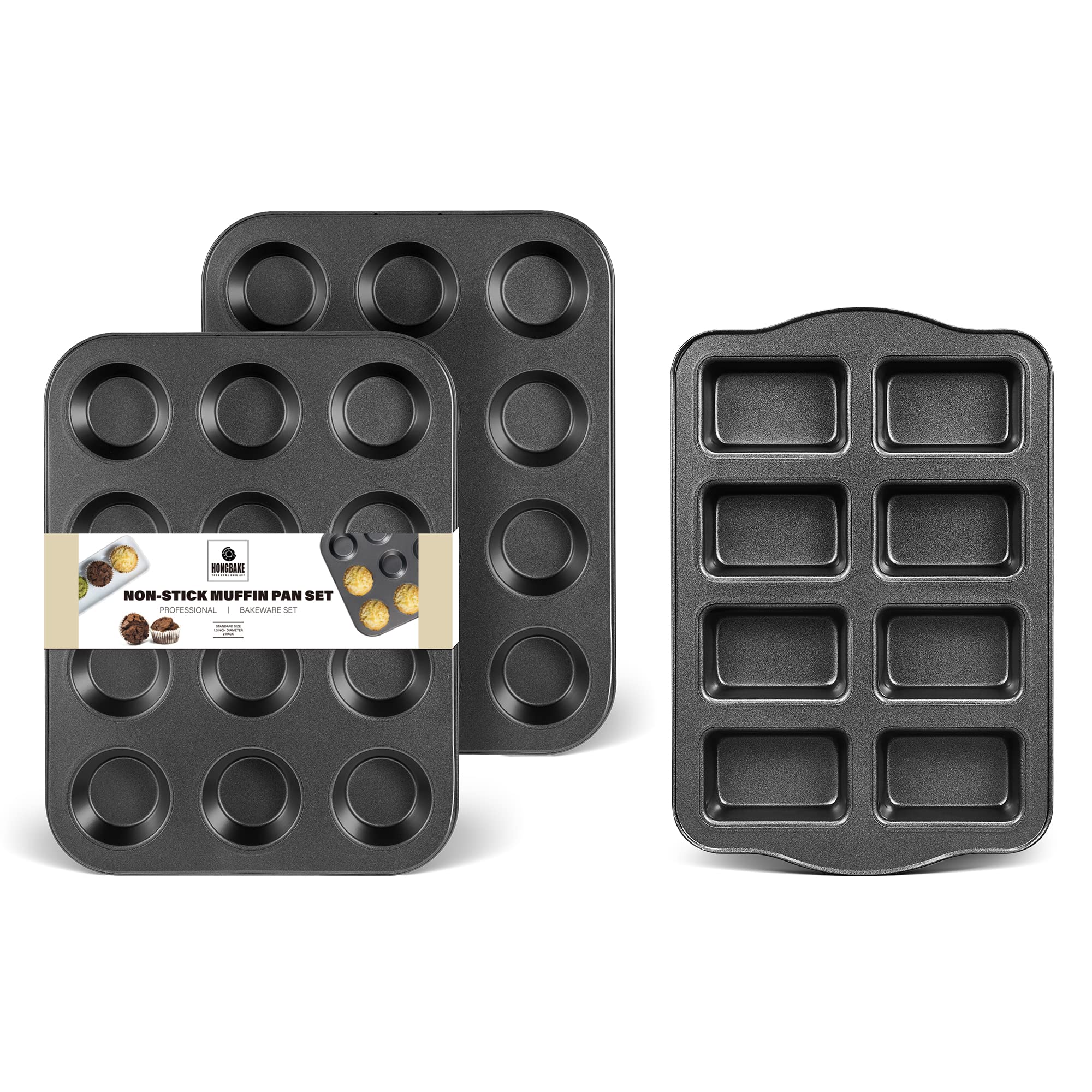HONGBAKE 2 Pack 12-Cup Muffin Pan for Baking and 1 Pack 8 Cavity Mini Loaf Baking Pan for Oven