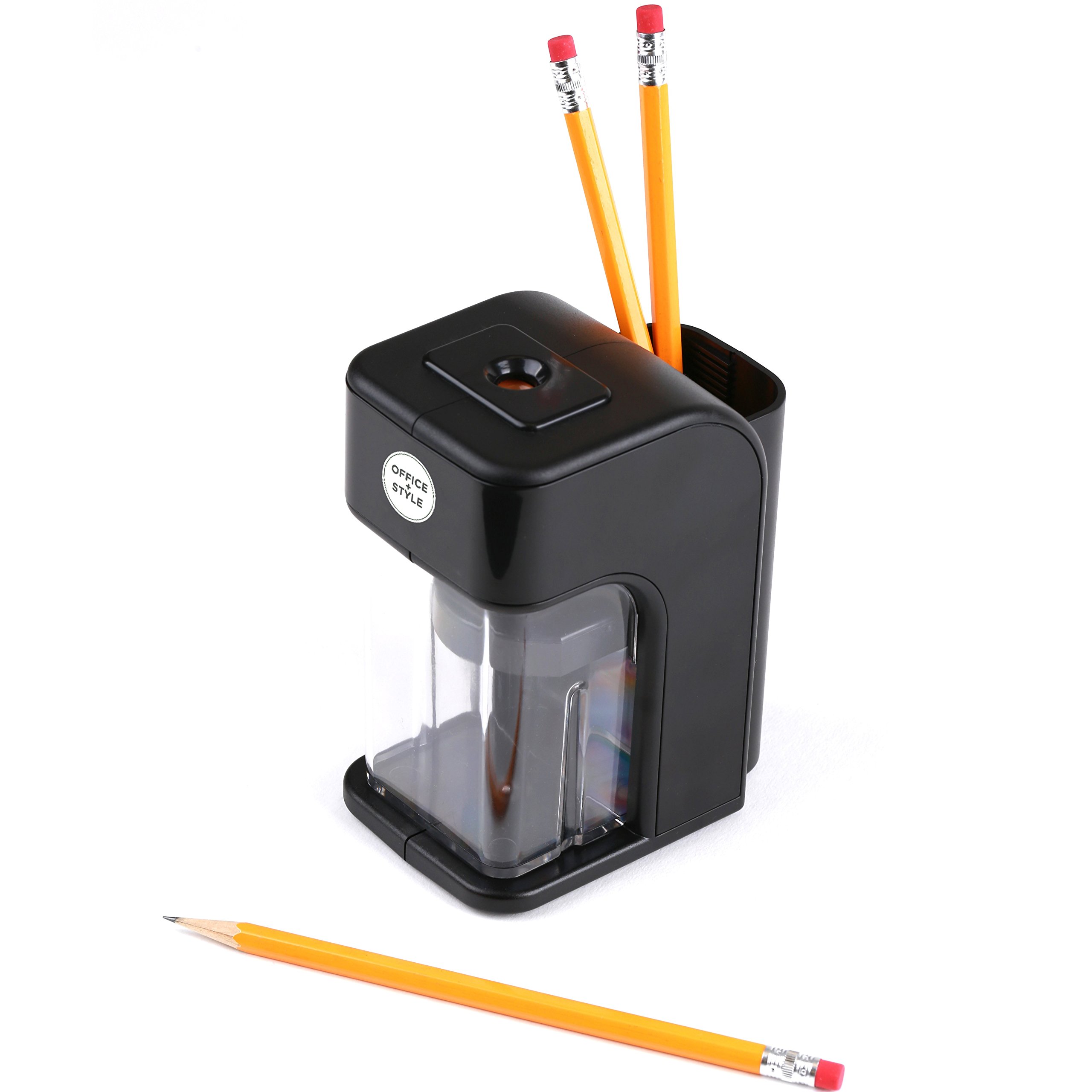 Electronic Pencil Sharpener With Auto Stop Safety Feature & Large Pencil Holder For Home, Office or Classroom, UL Approved - Black - By Office Style (A-PS200B)