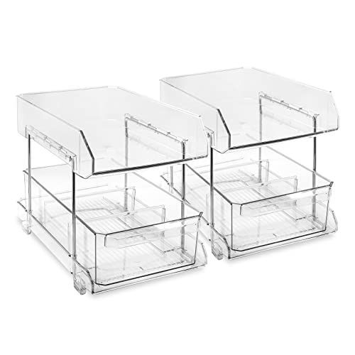 ruishetop 2-Tier Multi-Purpose Pull Out Cabinets Organizer Shelf, Under Sink Cabinet Organizer with Drawer, Sliding Basket Drawer Countertop Organizer Storage for Home Office Kitchen (Clear- 2 Set)