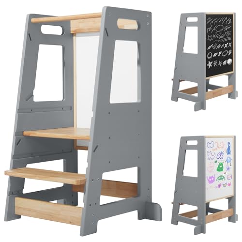 HARPPA Toddler Kitchen Stools Helper with Adjustable Height and Anti-Slip Protection, Kids Standing Tower with Safety Rail, Toddlers Step Stool with Learning Chalkboard Gray