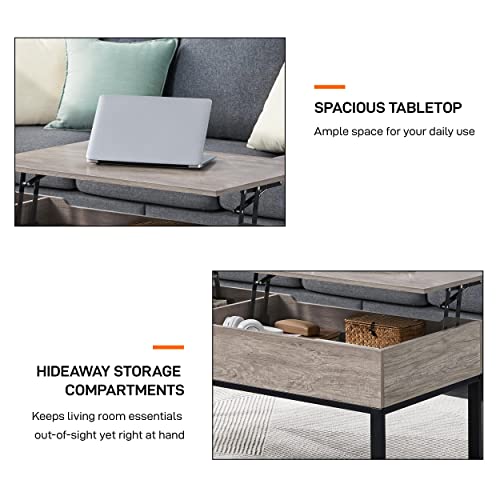 Yaheetech Lift Top Coffee Table with Hidden Storage Compartment, Farmhouse Wooden Center Table with 2 Way Raisable Tabletop & Gas Lift Mechanism for Living Room Reception Room,Gray