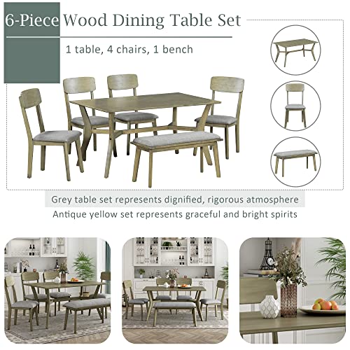 Lifeand Piece, Wooden Dining Table and Fabric Chairs with Bench(Antique Yellow+Gray), Mid-Century Style Set for 6