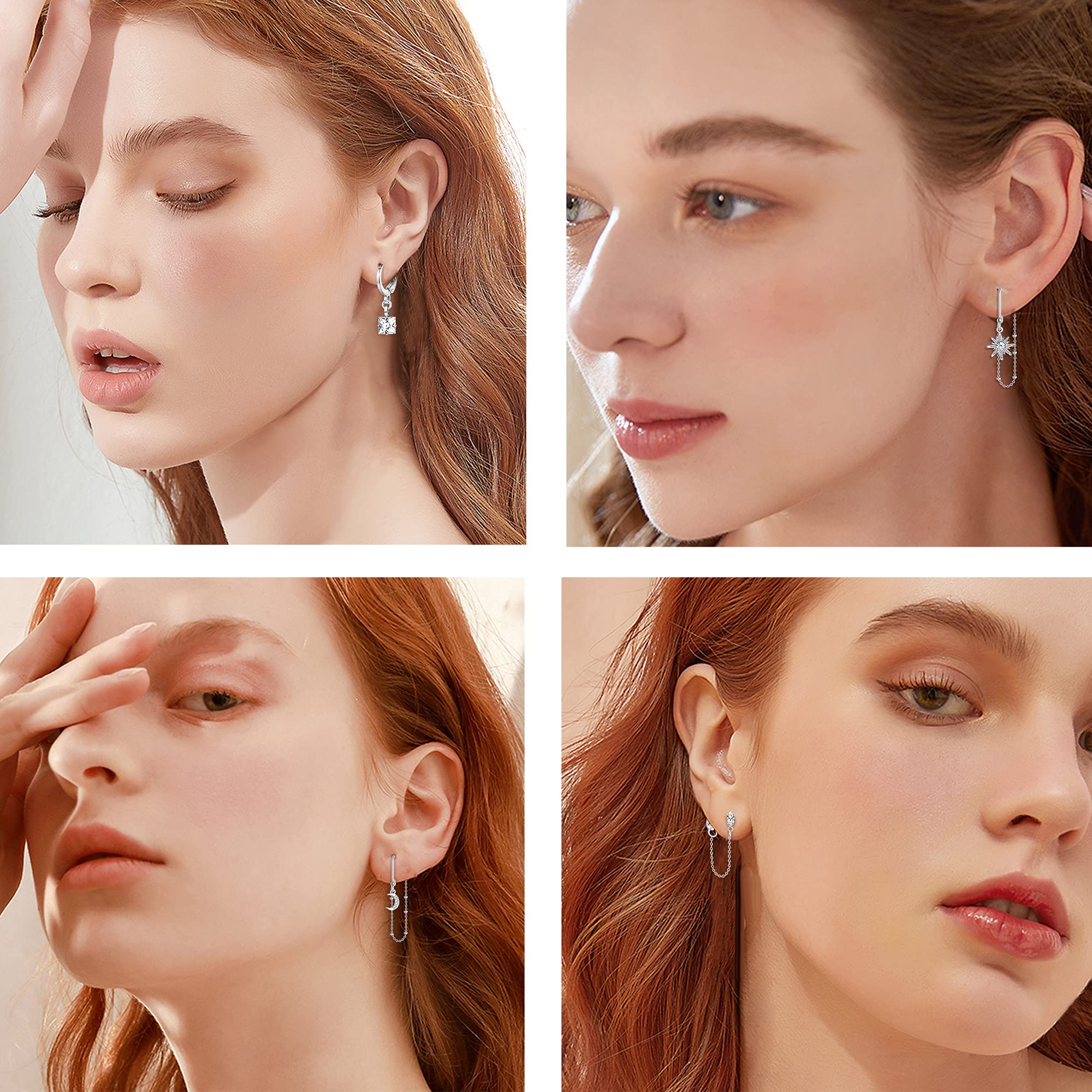 Fiasaso 14 Pcs Chain Hoop Earrings Minimalist Bar Stud Earrings with Chain Moon Star CZ Rhinestone Dangle Earrings Double Piercing Earrings Set For Women