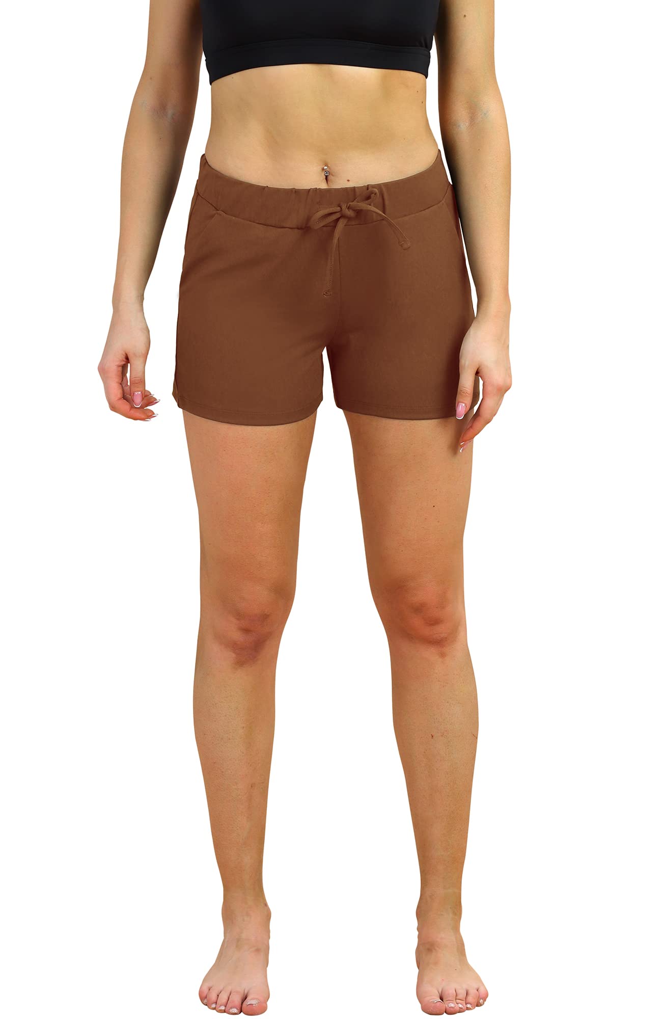 icyzone Running Workout Shorts for Women - Gym Yoga Exercise Athletic Shorts with Pockets (M, Brown)
