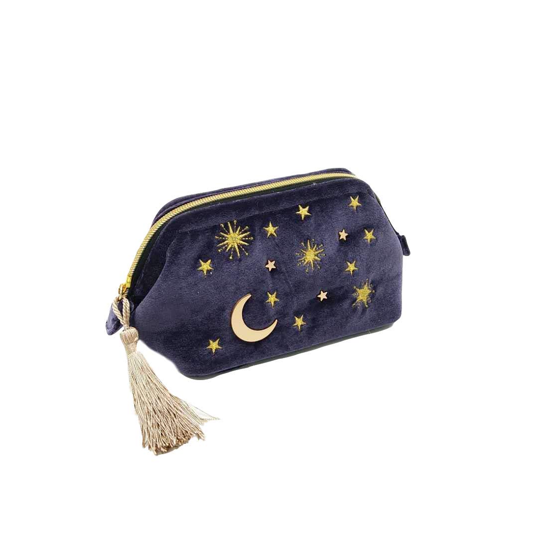 Handy cosmetic makeup bag,Navy Velvet Embroidered Applique Moon Stars Cosmetic Bag,Starry Makeup Pouch with Tassels & Pearl Zipper,Beautician Storage Bag