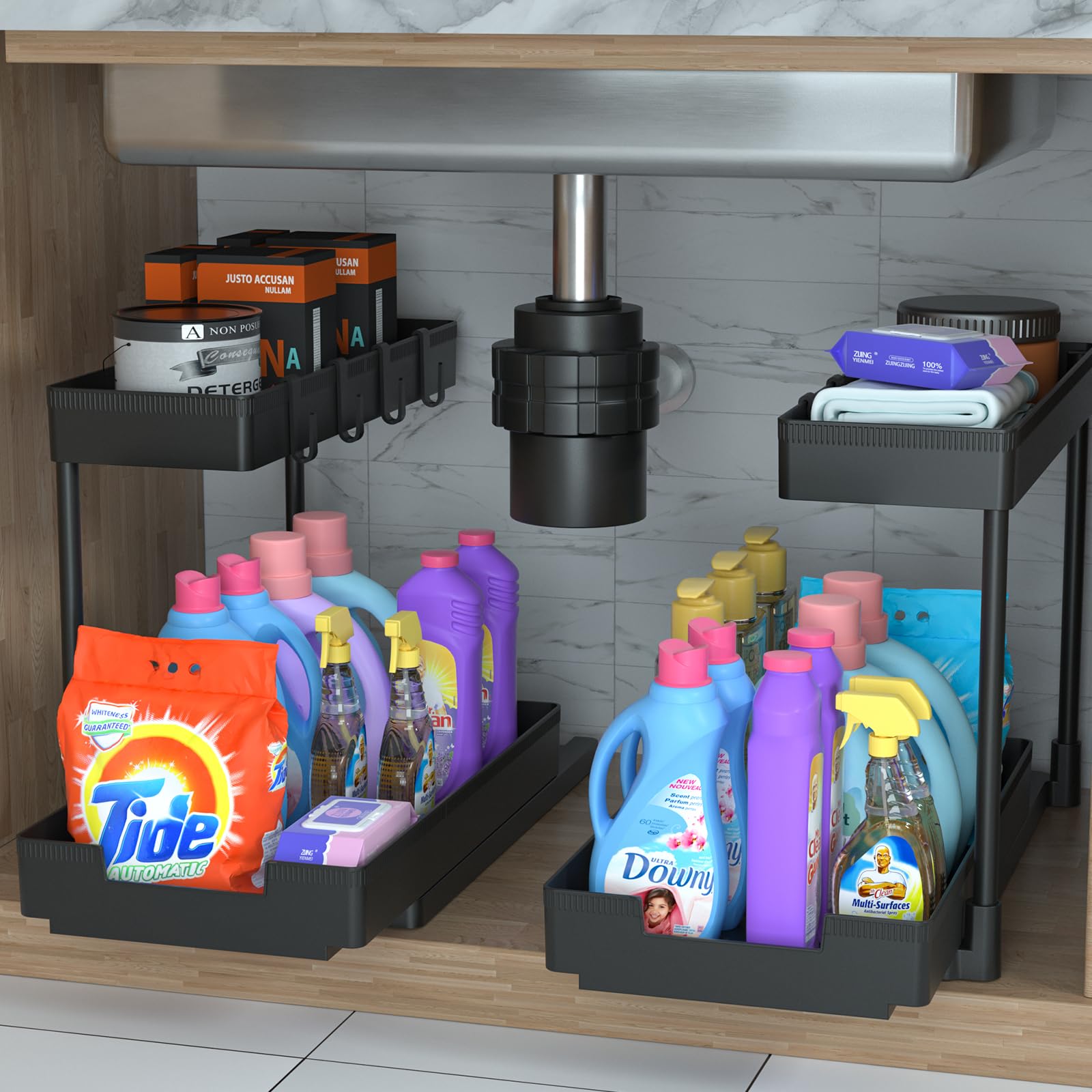 JUJEKWK Under Sink Organizers and Storage 2 pack, 2-Tier bathroom organizer, Kitchen Organizer, L Shaped cabinet organizer (Black)