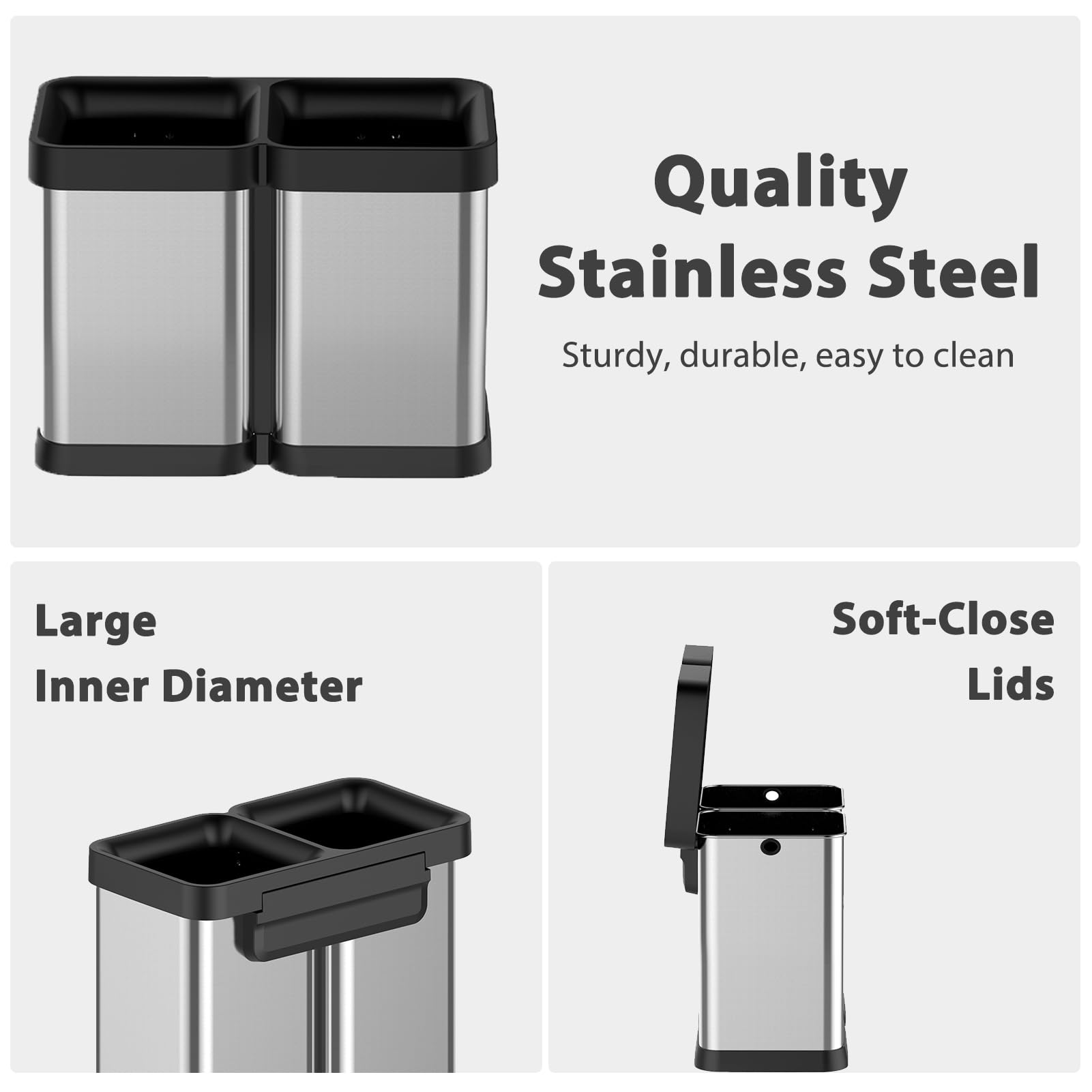 WELYFE 16 Gallon Trash Can, Dual Waste Bins, Soft Close Open Top Garbage Can, 2 x 30L, for Home, Office, Business