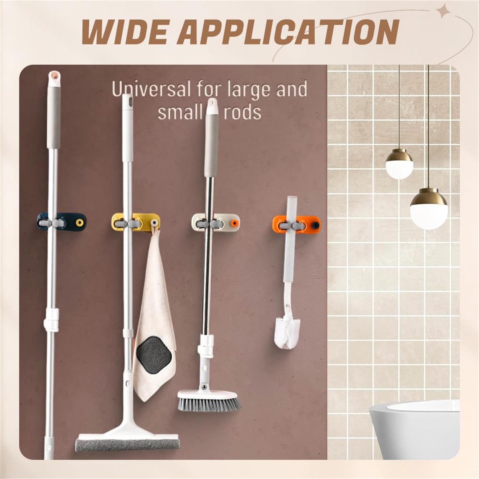 NEIMENG 2024 New Self Adhesive Mop Holder Broom Holder No Drill Wall Mounted Mop and Broom Holder with Hook Hanger for Mop Broom Tool Brush Towel Storage (2pcs),Beige