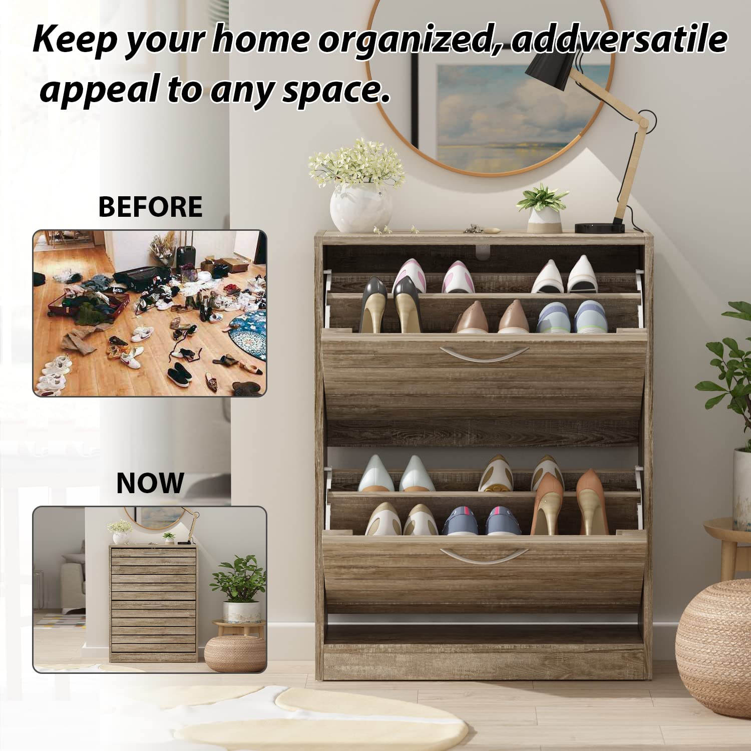 FUFU&GAGA Shoe Storage Cabinet with 2 Flip Drawers for Entryway, Modern, Freestanding Rack Organizer (22.4”W x 9.4”D x 29.5”H) (Light Brown)