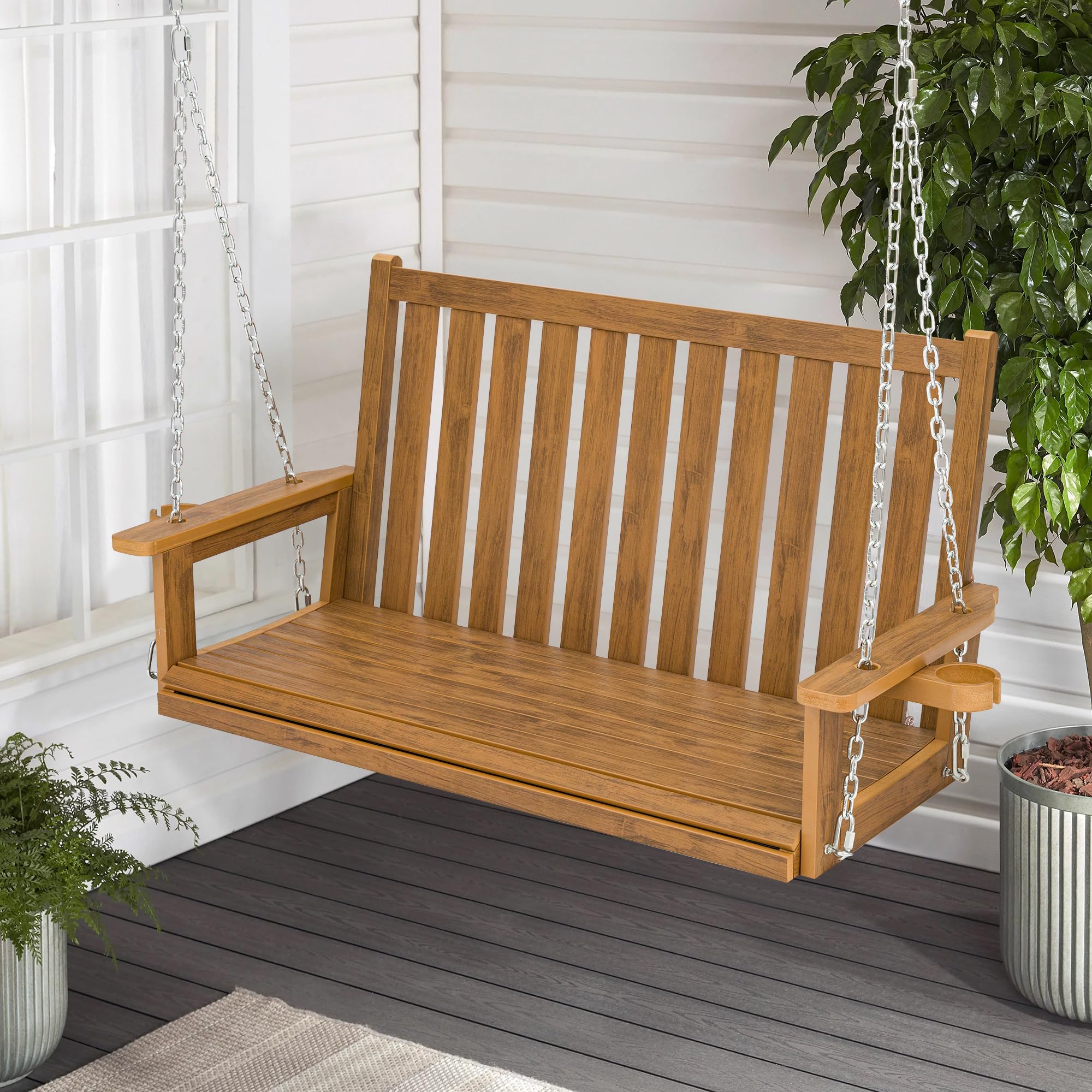Poly Lumber Porch Swing with Cup Holders, 18/8 Stainless Steel Hanging Chains and Hardware, High Backrest and Deep Contoured Seat, Heavy Duty 900 LBS, All-Weather Resistant Bench Swing (Brown)