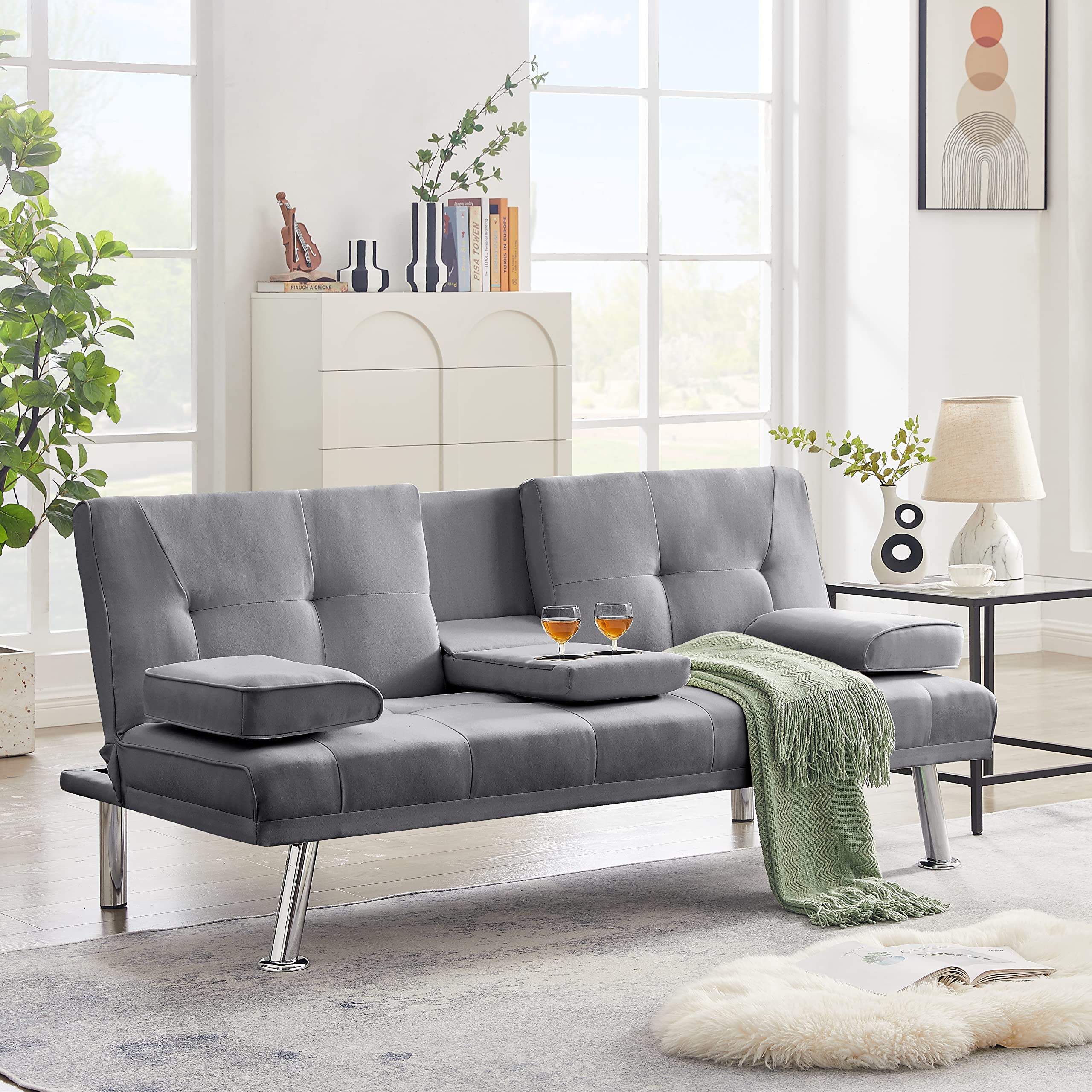 Eafurn Button Tufted Convertible Futon Sofa Bed, Linen Upholstered Loveseat Couch, Modern Folding Sofabed with Cup Holders and Golden Legs, Reclining Small Guest Daybed for Living Room, Dorm