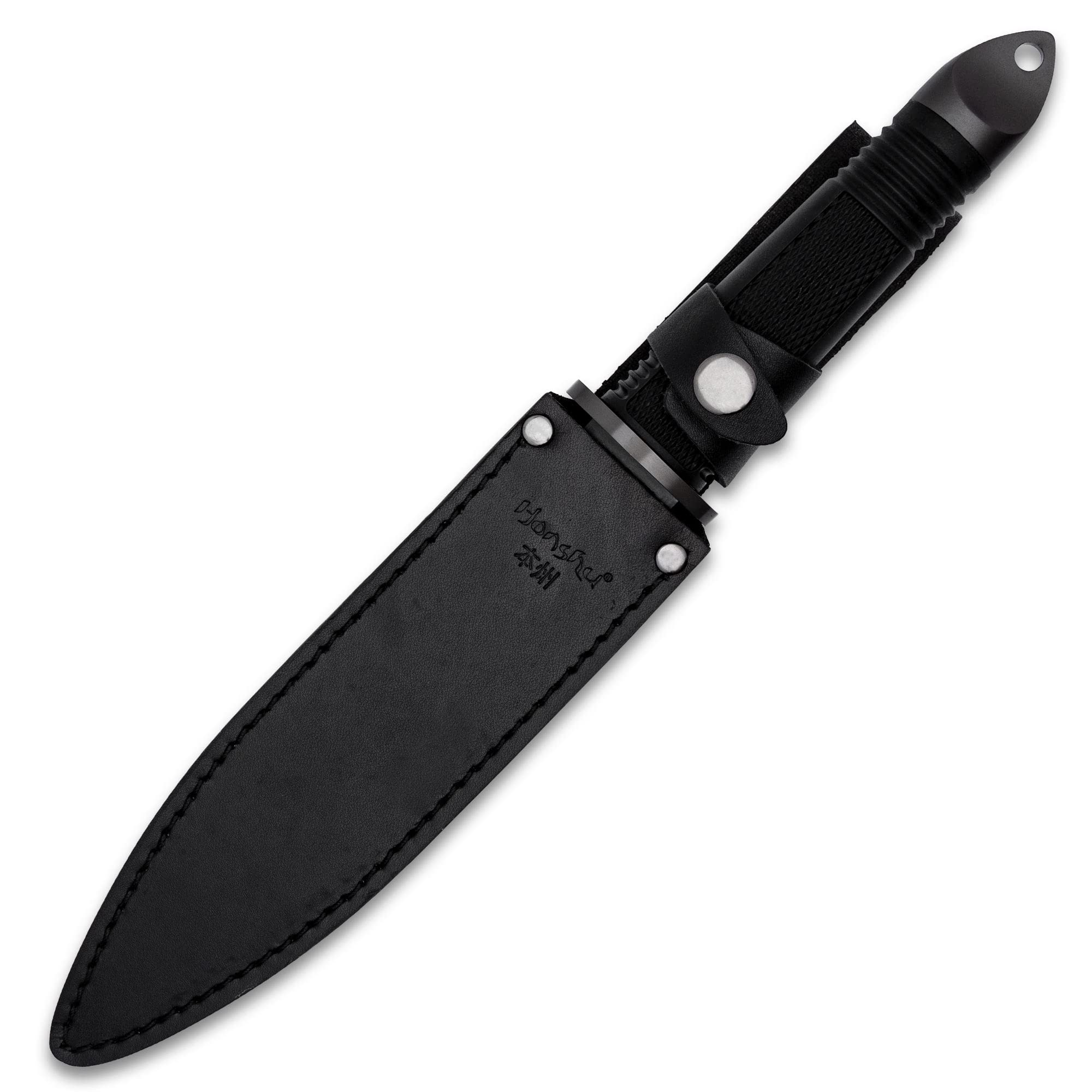 HONSHU Midnight Forge Fighter Knife and Leather Belt Sheath - Stainless Steel Blade, Double-Edged, Rubberized Grip, Steel Guard and Pommel, Non-Reflective Fixed Blade for Tactical Use - Length 13 1/4β