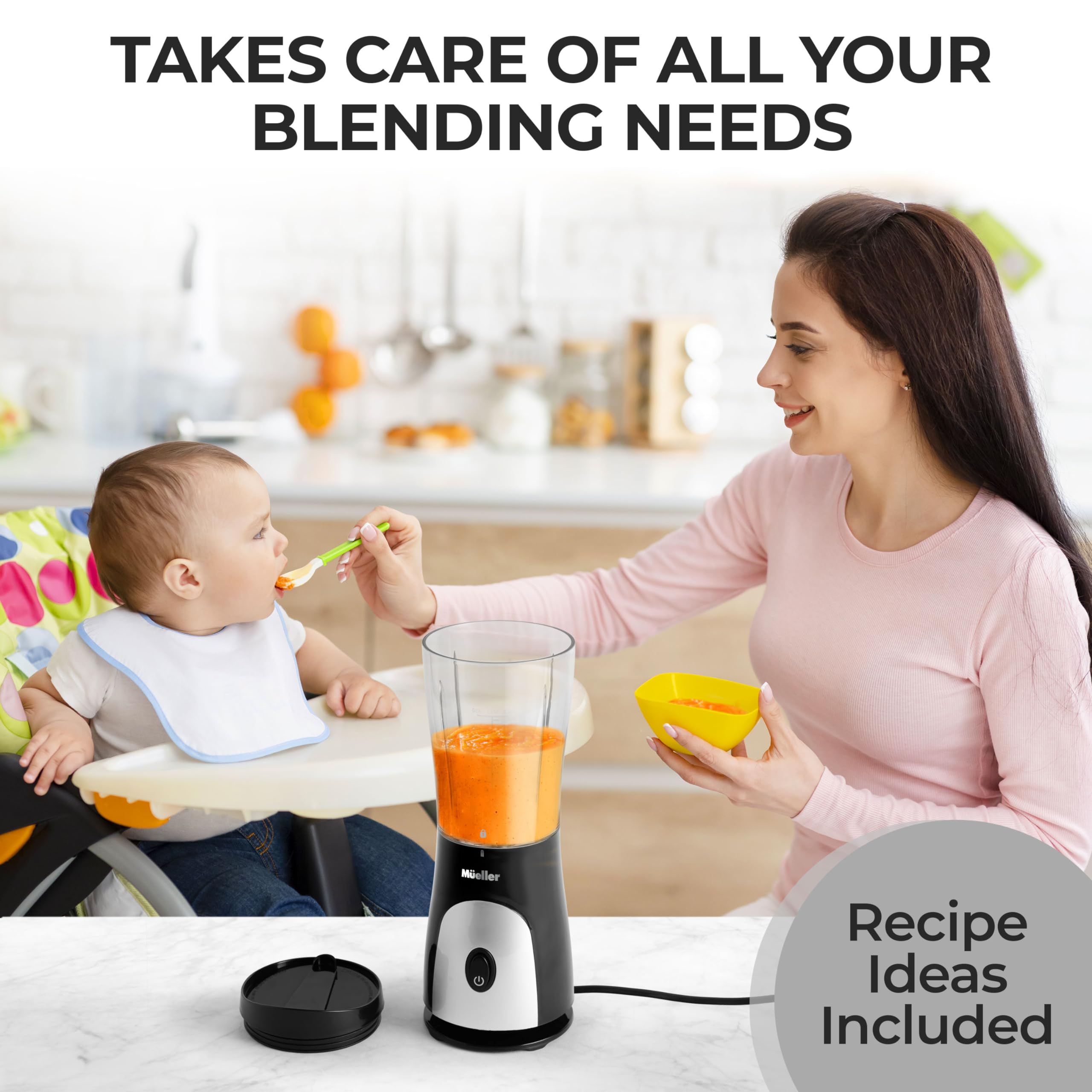 Mueller Personal Blender for Shakes and Smoothies with 15 Oz Travel Cup and Lid, Juices, Baby Food, Heavy-Duty Portable Blender & Food Processor, Black