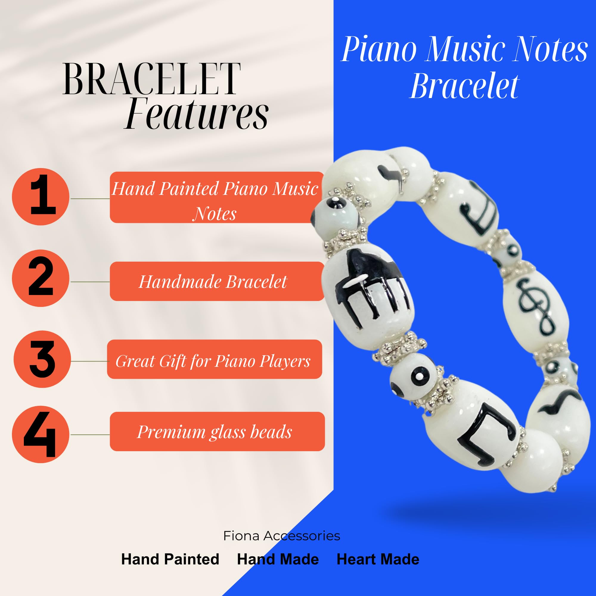 fiona Piano Music Notes Bracelet - Glass Beaded Strand, Hand-Painted Icon - Teacher Appreciation Gift, Women's Accessory