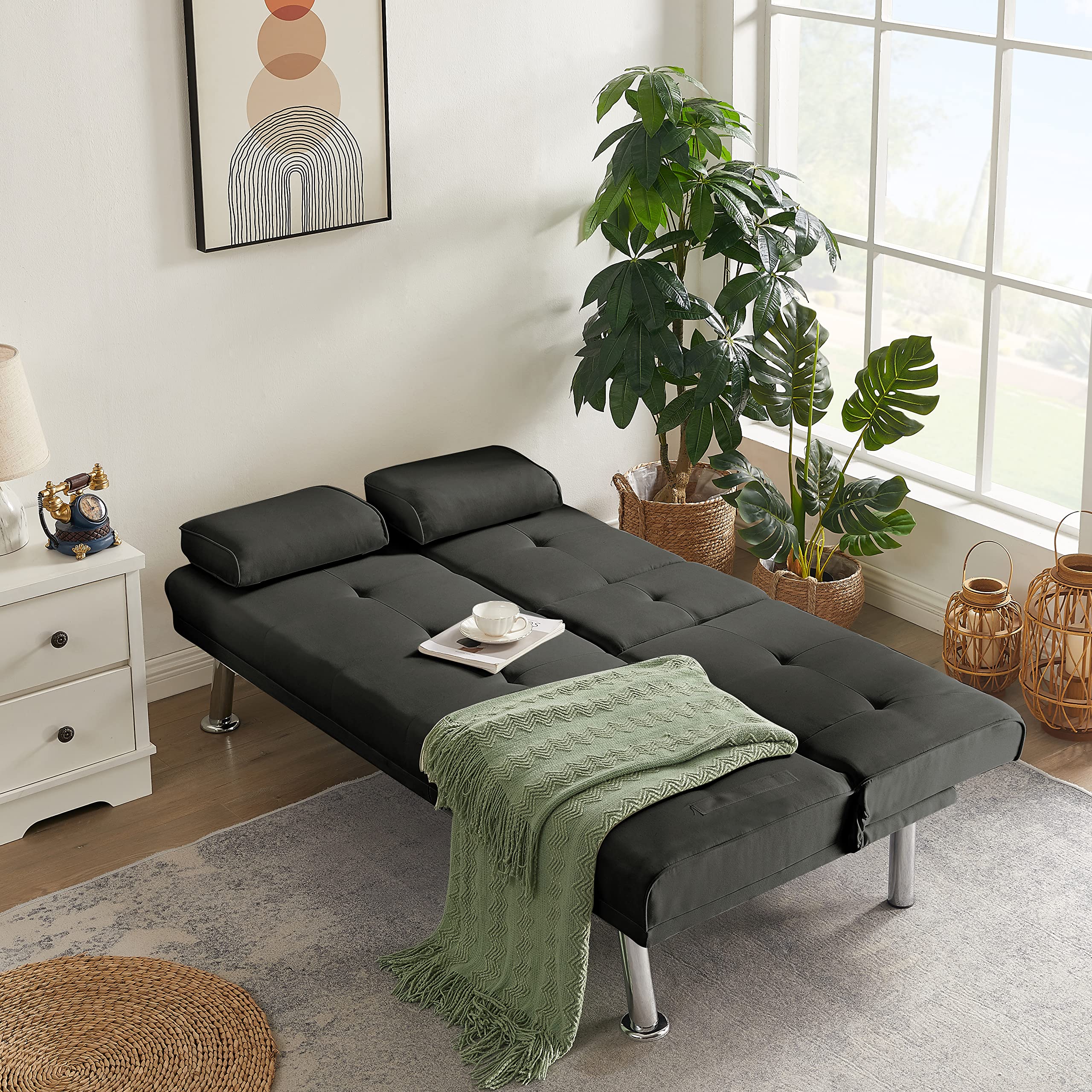 Eafurn Button Tufted Convertible Futon Sofa Bed, Linen Upholstered Loveseat Couch, Modern Folding Sofabed with Cup Holders and Golden Legs, Reclining Small Guest Daybed for Living Room, Dorm