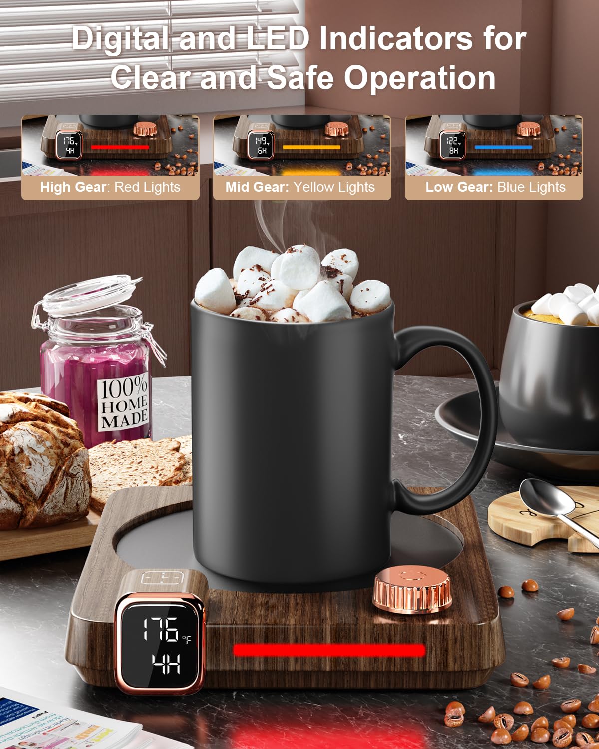 Mug Warmer, 40W Coffee Mug Warmer for Desk with Temperature Display, 1-12Hrs Auto Off/ON, Smart Coffee Cup Warmer with Anti-Scalding Silicone, Beverage Warmer for Coffee, Milk, Tea, Candle (Wood)