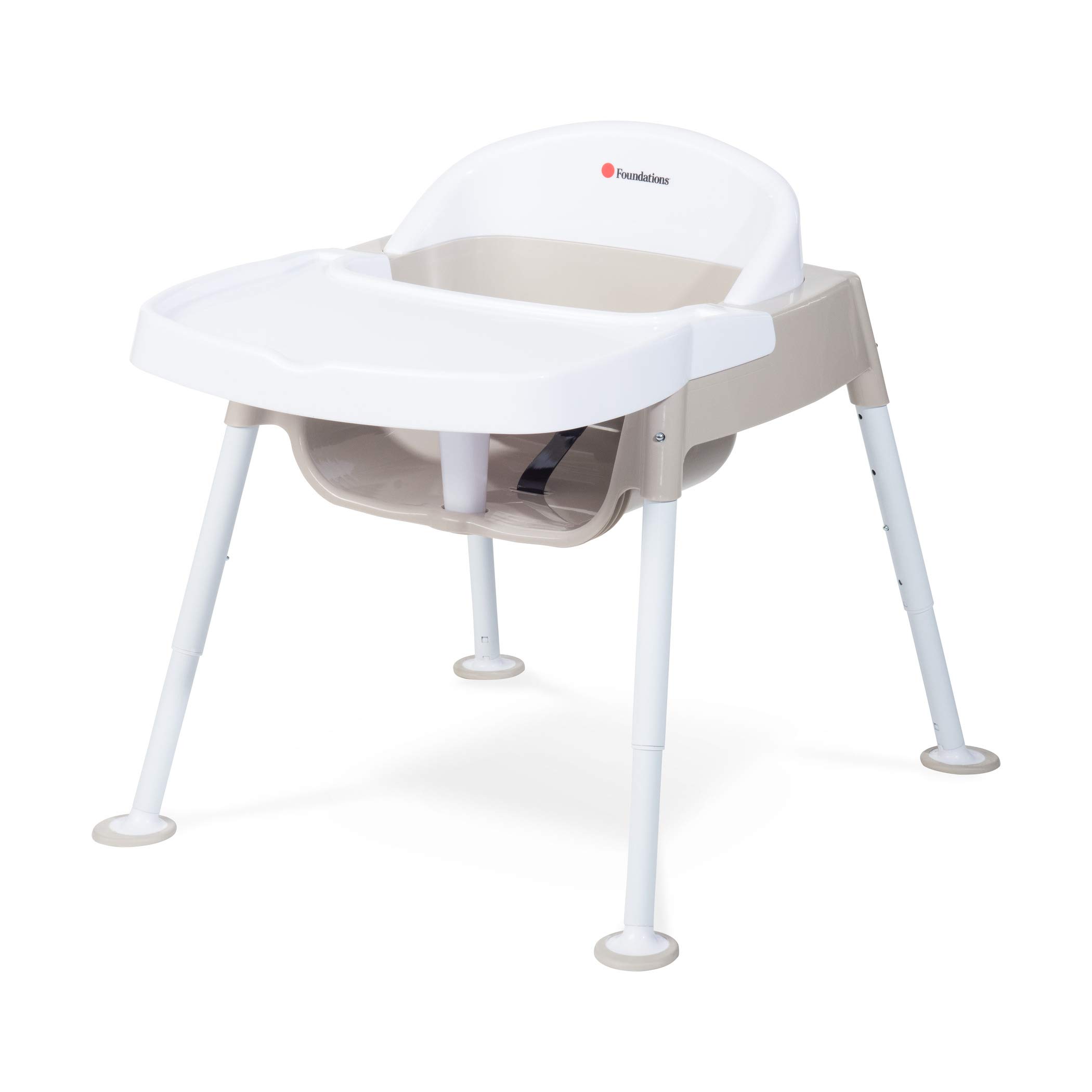 Foundations Secure Sitter 7-13" Adjustable Height Feeding Chair, 1 Pack, Stable “No Tip” Feet, 3-Point Adjustable Harness, Removable Tray, Easy to Clean, Smooth Plastic (White/Tan)