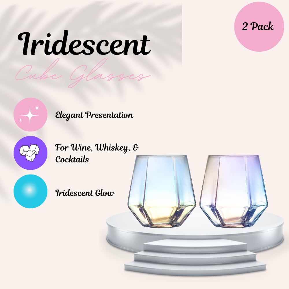 Glitzibles Premium Cube Glass Cup Set - Stemless Wine Glass Set of 2 (10 Oz) - Iridescent Glassware Gift for Wine Lovers - Diamond Rainbow Glasses for White Wine, Red Wine, and Bourbon