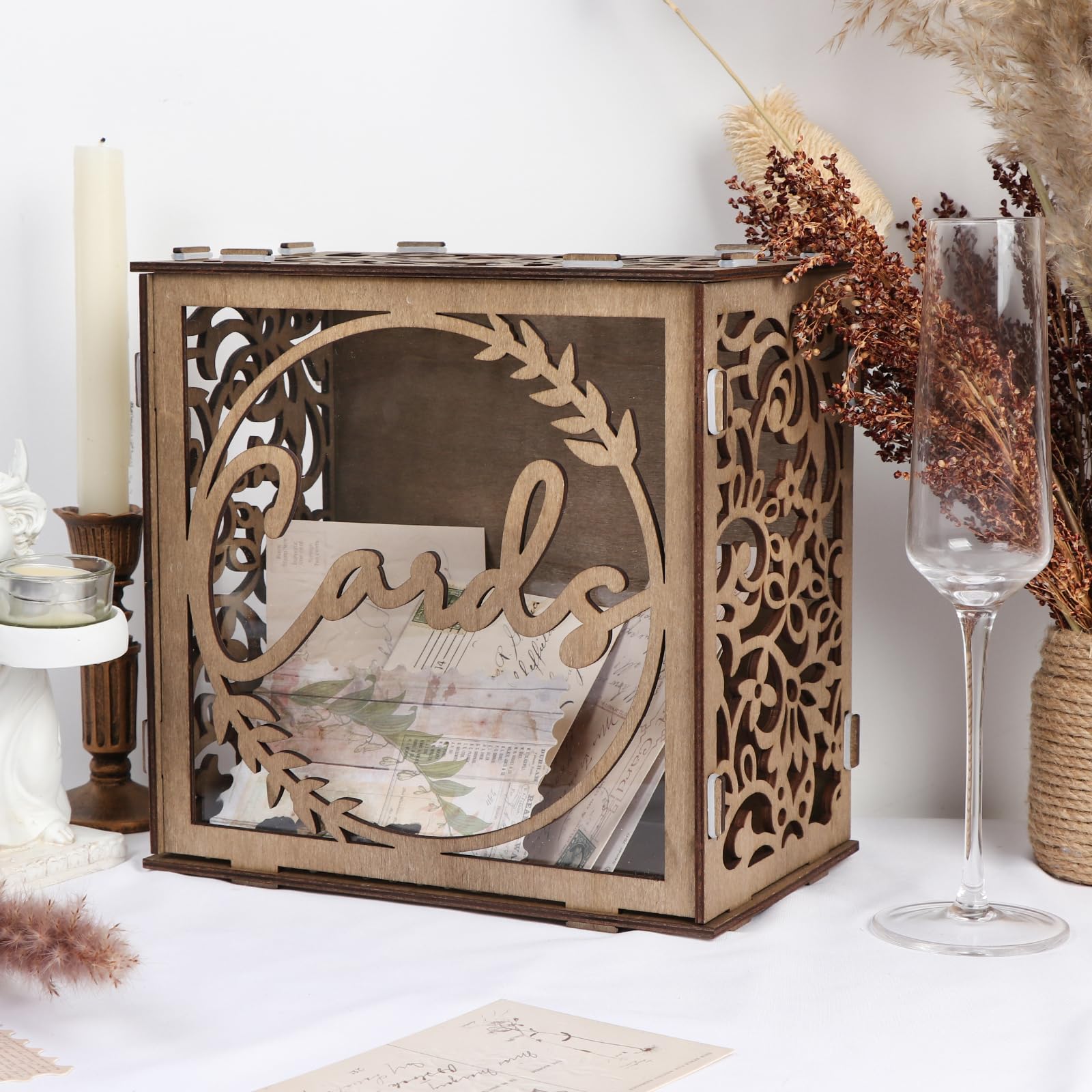 OurWarm Wedding Card Box for Wedding Reception, Wooden Wedding Card Boxes with Window, Brown Wedding Envelope Money Gift Card Box for Baby Shower Birthday Graduation Party Rustic Wedding Decorations