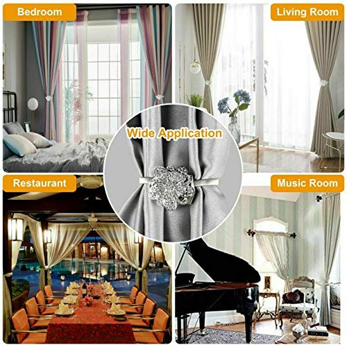 FlyCloud 2pcs Magnetic Curtain Tiebacks Crystal Tie Backs Buckle Clips Hook Silver Magnetic Crystal Curtain Tiebacks Tie Backs Buckle Clips Holdbacks for Home Office Decoration