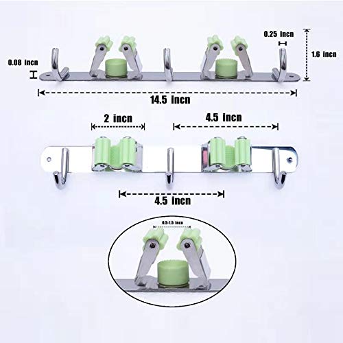 Gein Mop and Broom Holder Wall Mount, Stainless Steel Tools Storage Rack for Home, Kitchen, Garden, Garage [2 Racks with 3 Hooks]